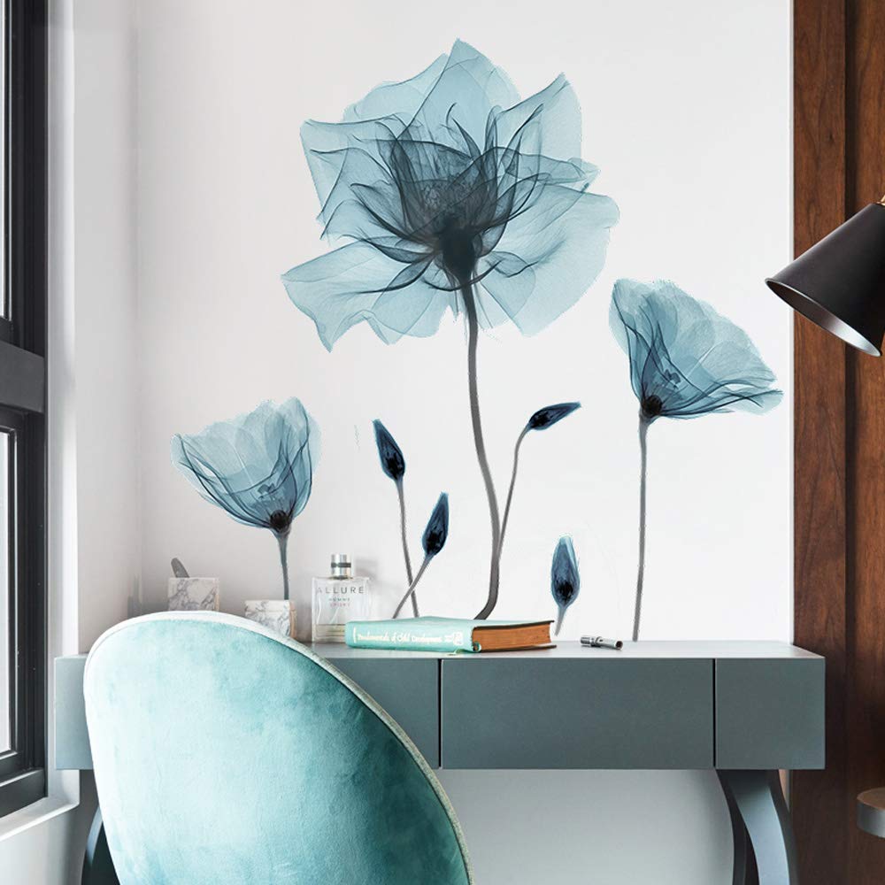 M ACHOOSE Blue Flower Wall Decals Peel and Stick Wall Stickers Removable Decal Stick Wall Art Murals Home Wall Decor for Bedroom Living Room Wall Decaoration