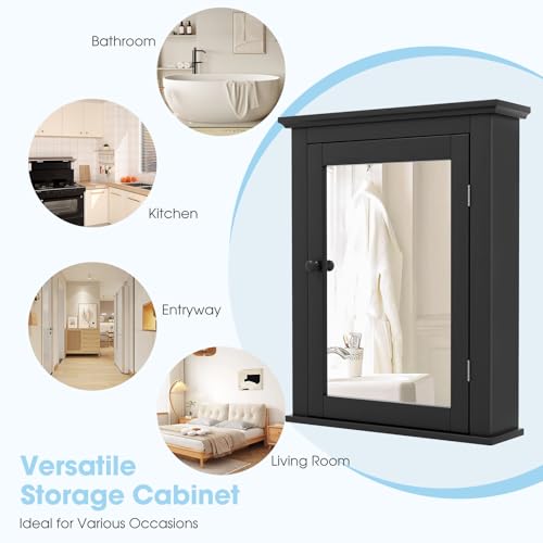Safeplus Versatile Wall-Mounted Bathroom Medicine Cabinet with Mirror, Adjustable Storage Organizer for Living Room, Bedroom, Entryway - Perfect for Everyday Use, Black