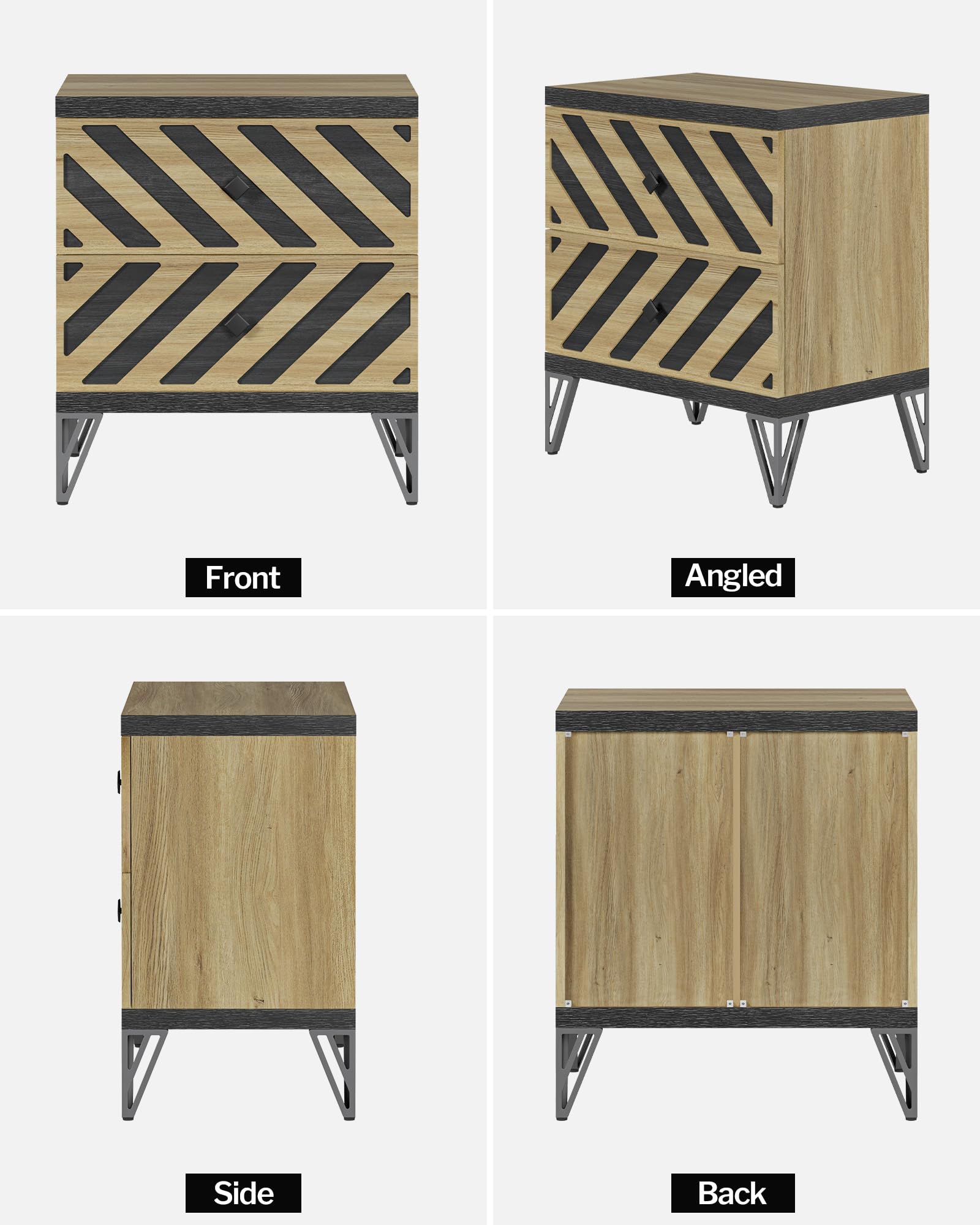 SICOTAS Large Night Stand Set of 2 - Modern Bedside Table Wide Nightstands with 2 Herringbone Decor Drawers, Sturdy Metal Legs, Wood Accent End Table for Bedroom