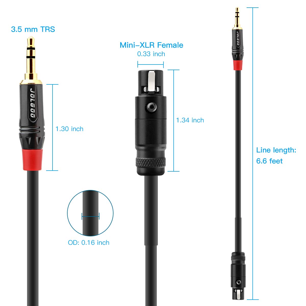 JOLGOO 3.5mm Stereo Audio Plug to Mini XLR Female Cable, 1/8" TRS Plug to 3-pin Mini XLR Female Headphones Audio Cable, 6.6 Feet