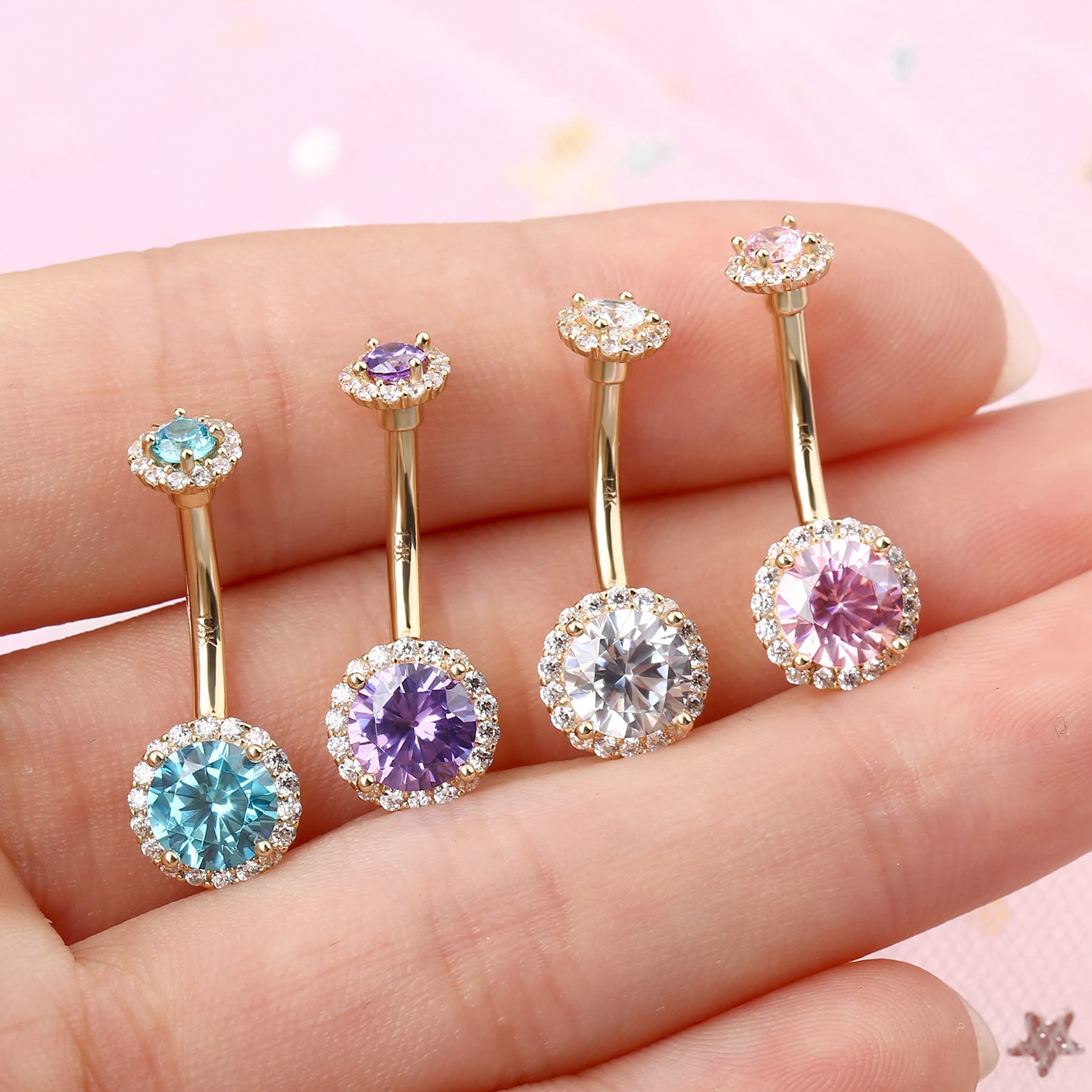 Jewseen 14K Gold Belly Button Ring Sparkling CZ Navel Rings Belly Bar Navel Piercing Body Jewelry