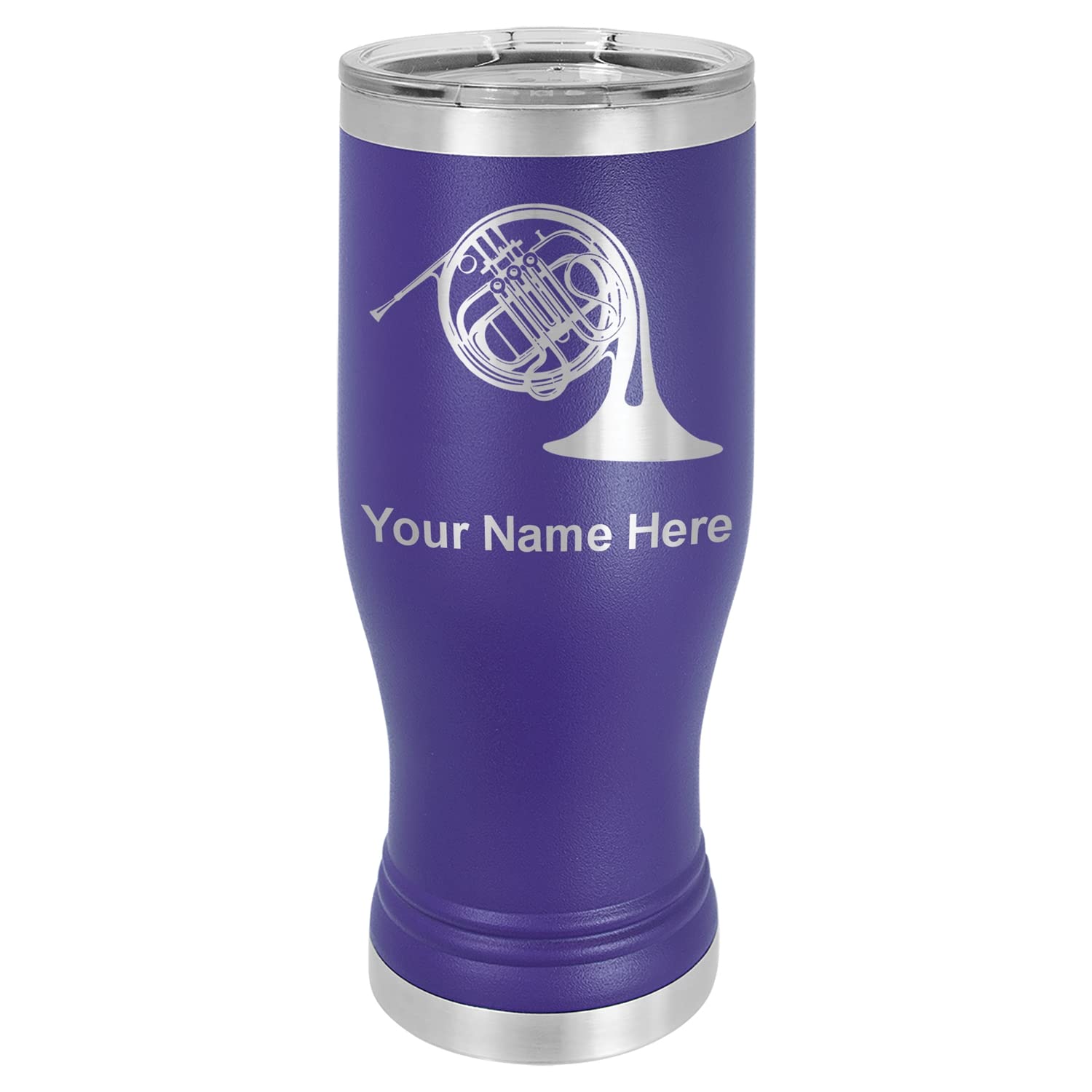 LaserGram 20oz Vacuum Insulated Pilsner Mug, French Horn, Personalized Engraving Included (Dark Purple)