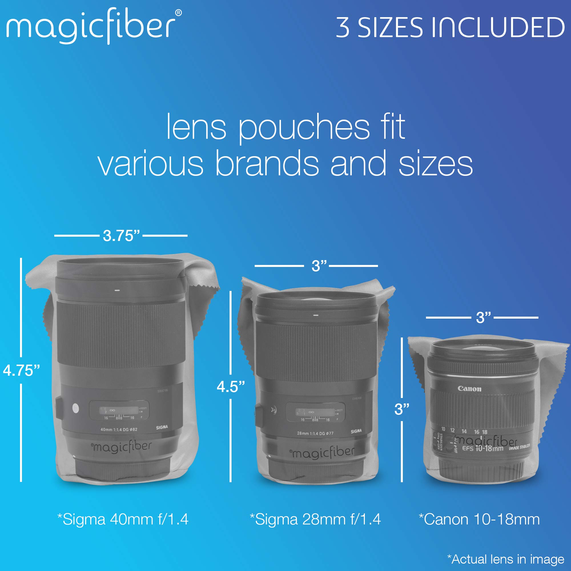 MagicFiber Microfiber Camera Lens Pouches (3 Pack) Ultra Soft Bags with Built-in Cloth for Cleaning and Storing Camera Lenses