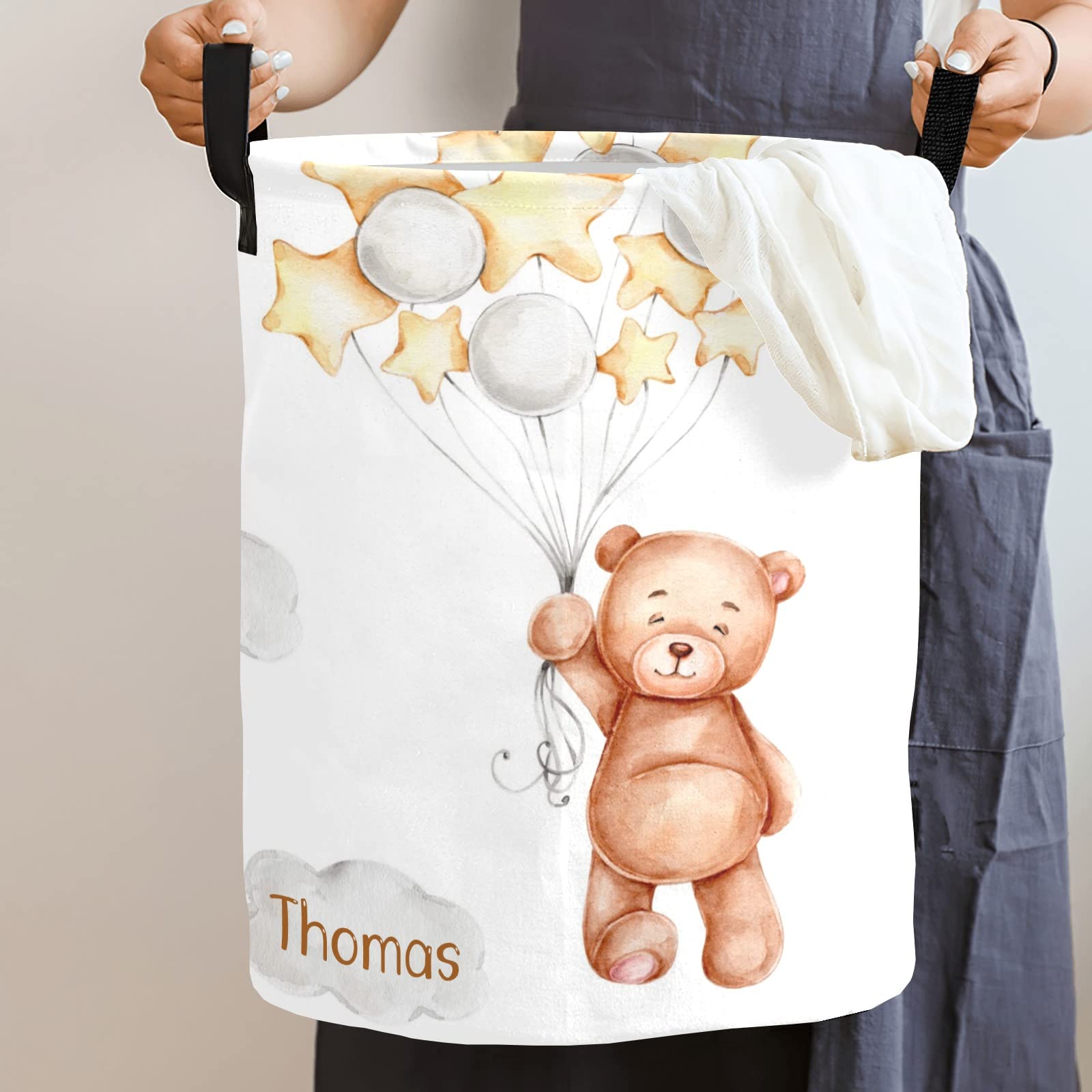 Teddy Bear Balloon Personalized Laundry Hamper,Custom Name Collapsible Waterproof Laundry Basket Storage Bins with Handle for Clothes,Toy,Nursery