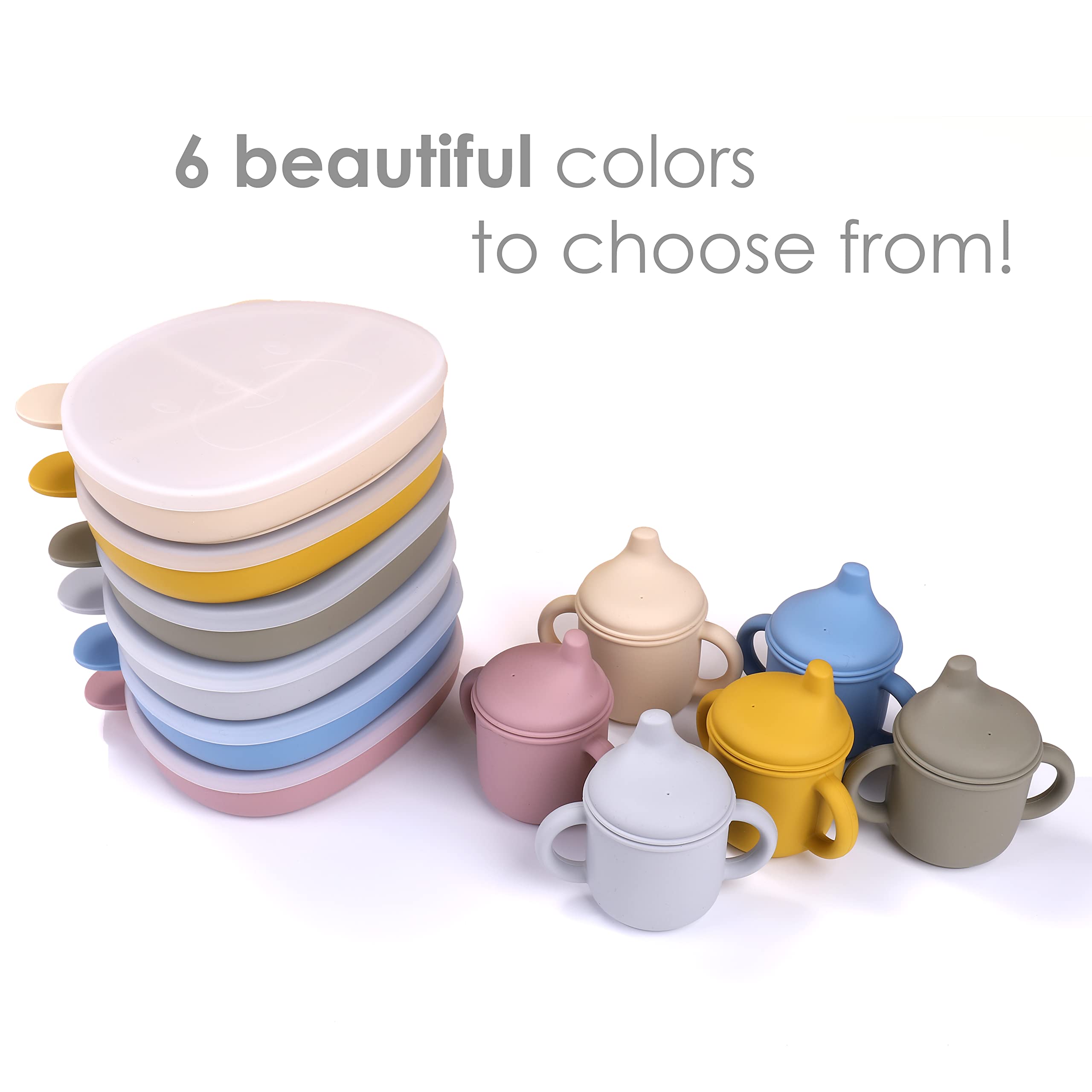Silicone Baby Feeding Set, 6 Colors, Spill-proof Cup and Suction Plate with Lid, Divided Plate, Sippy Cup with handles for Baby & Toddlers. Leak-proof. (Gray)