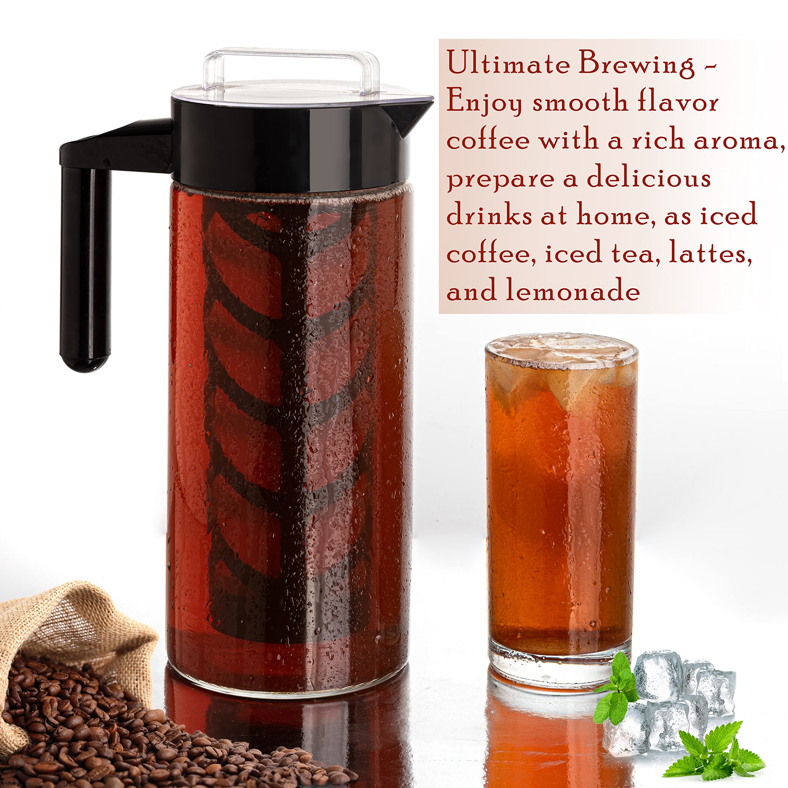 Mixpresso Cold Brew Maker For Iced Coffee and Iced Tea, Cold Coffee Maker Glass Pitcher, Tea Infuser For Loose Leaf Tea, 44oz Large Ice Tea Brewer with Easy to Clean Reusable Mesh Filter.
