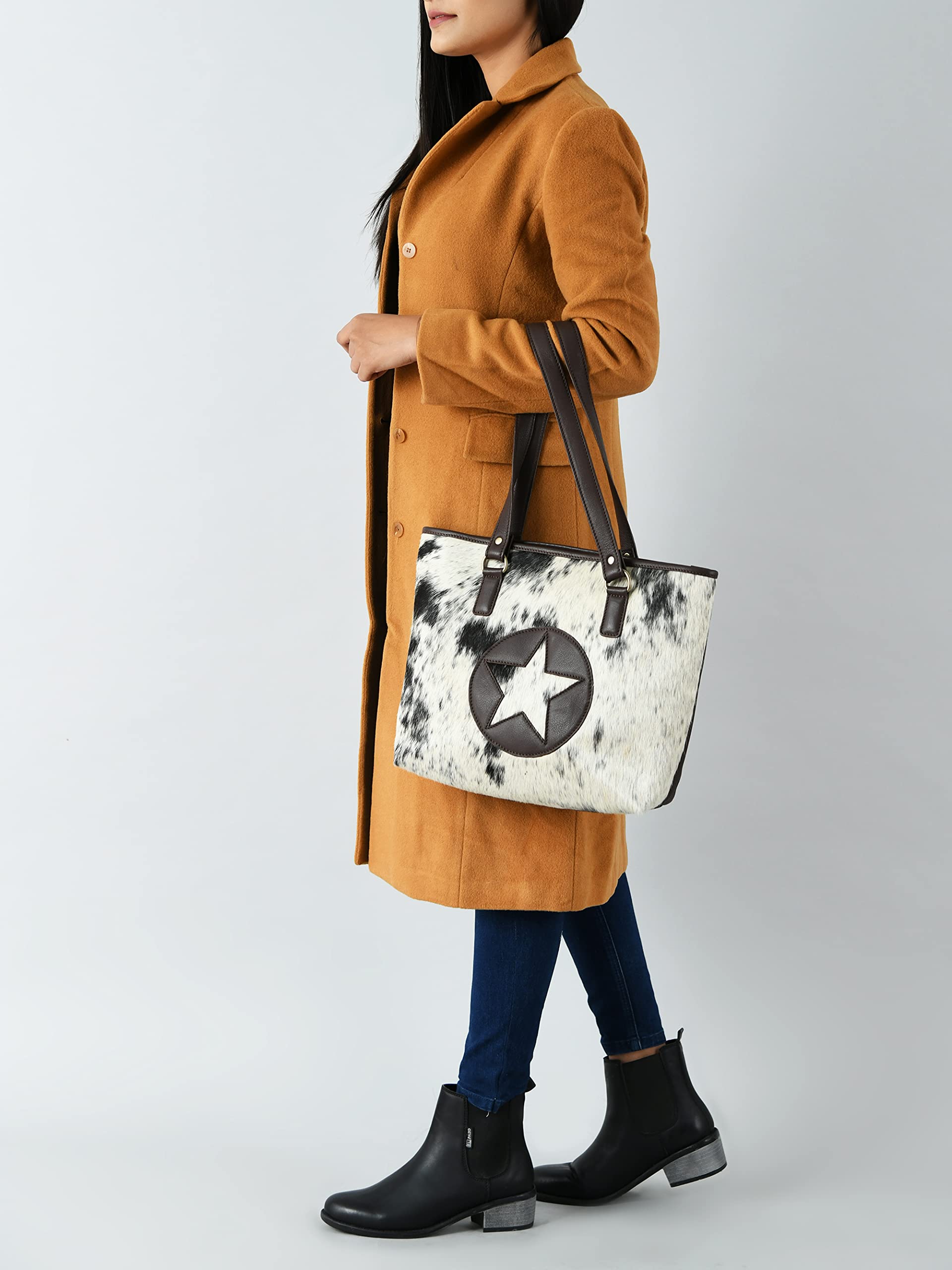 MOUSM Real Cow Hide Color Tones & Patterns of cowhides can vary Hair on Leather Printed Shoulder Bag, Top Handle Handbag for Women