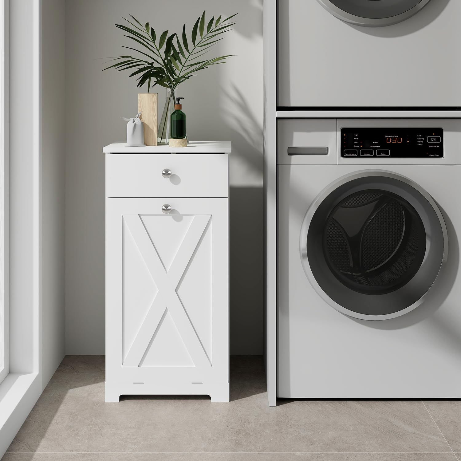 Puluomis Tilt Out Laundry Hamper Cabinet-Free Standing Kitchen Bathroom Laundry Cabinet-Wooden Bathroom Storage Cabinet with Drawer-White