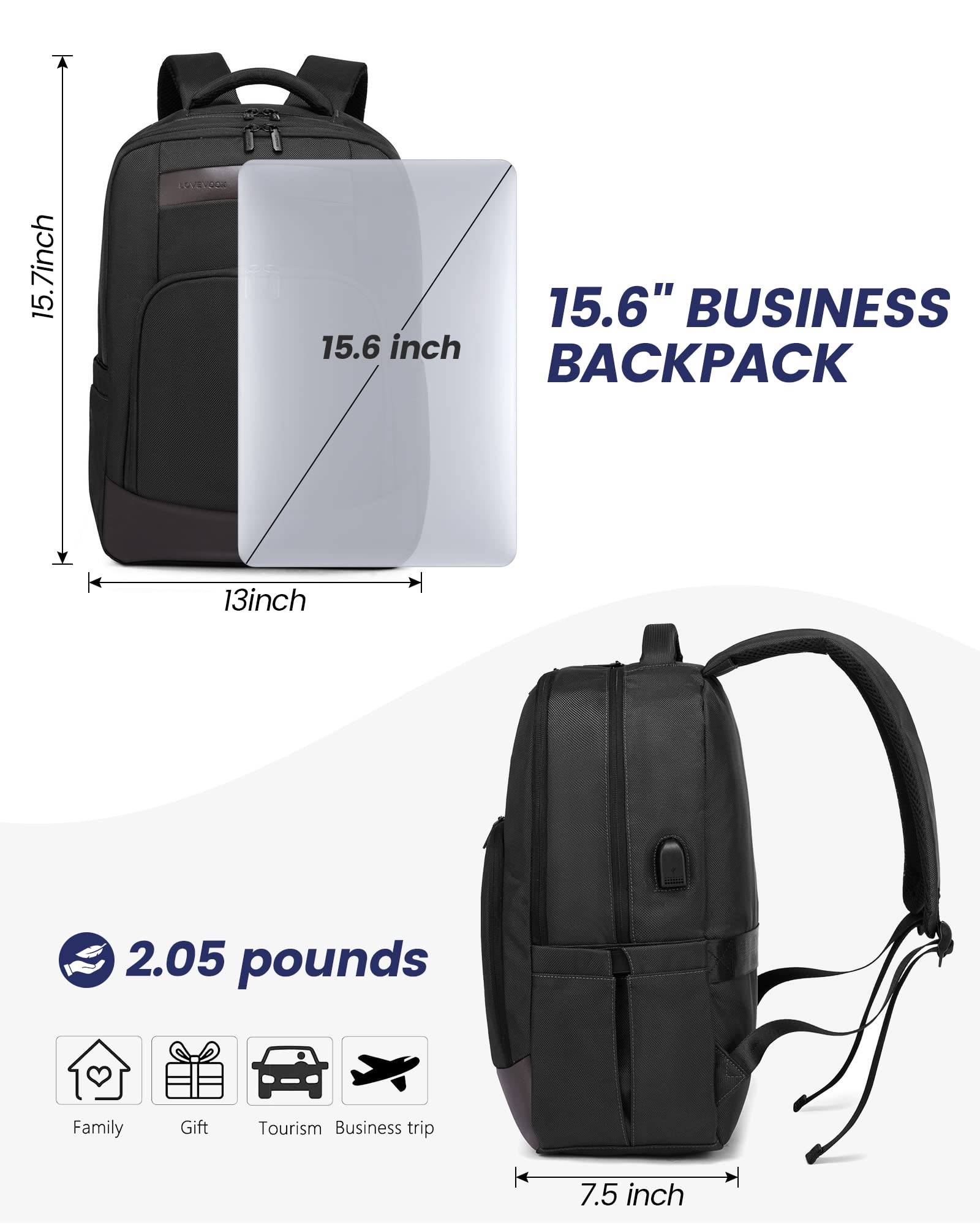 LOVEVOOK Laptop Backpack, 15.6 Inch Durable Water Resistant Anti-theft Business Travel Backpack with USB Port, Mens Professional Multi-function Smart Computer Backpack for Work Commuter College