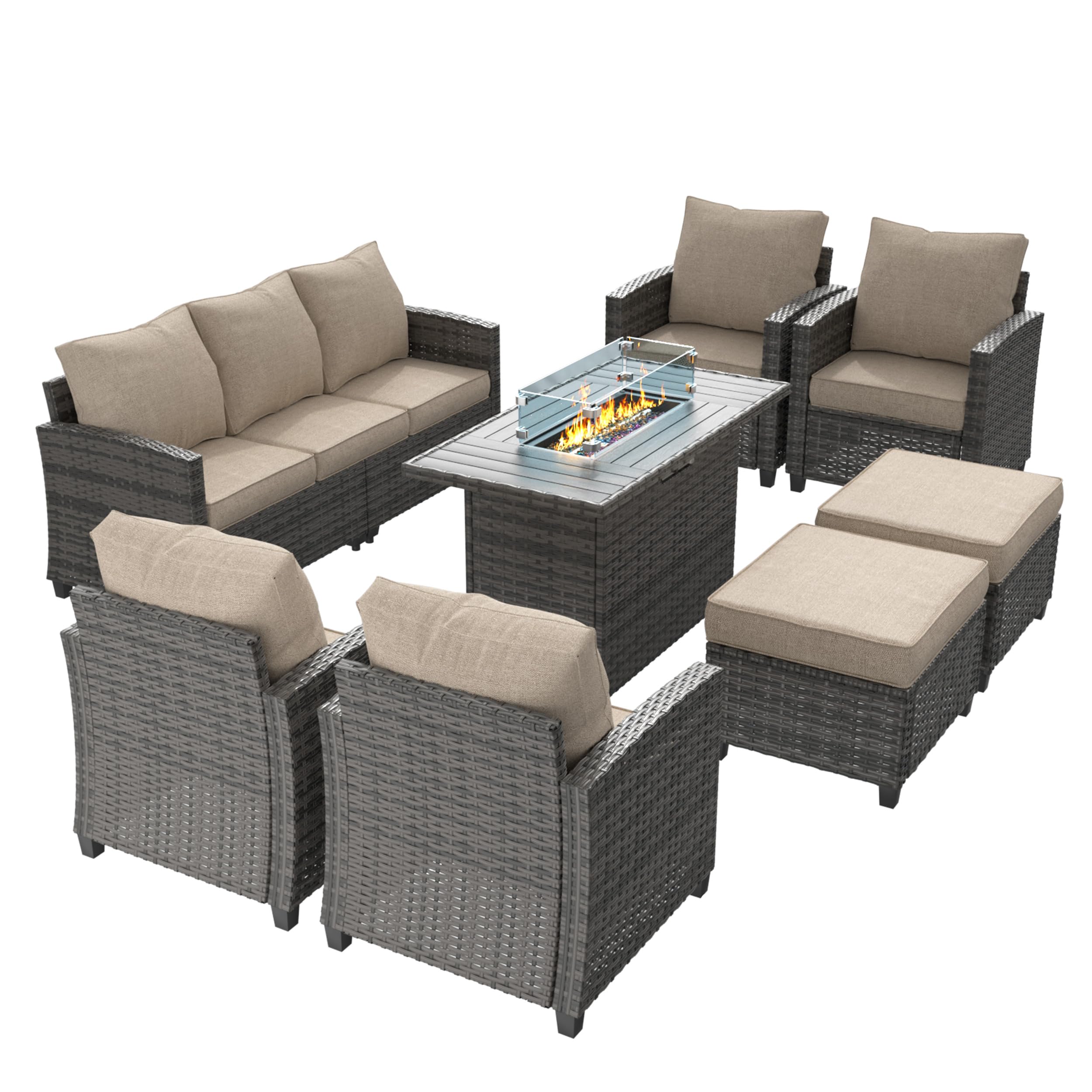 UDPATIO Patio Furniture Set with 44" Fire Pit Table, 8 Pieces Outdoor Sectional Conversation Sets, All-Weather Wicker Rattan Sofa Ottoman with 4" Thick Cushion for Garden Backyard Deck, Light Blue