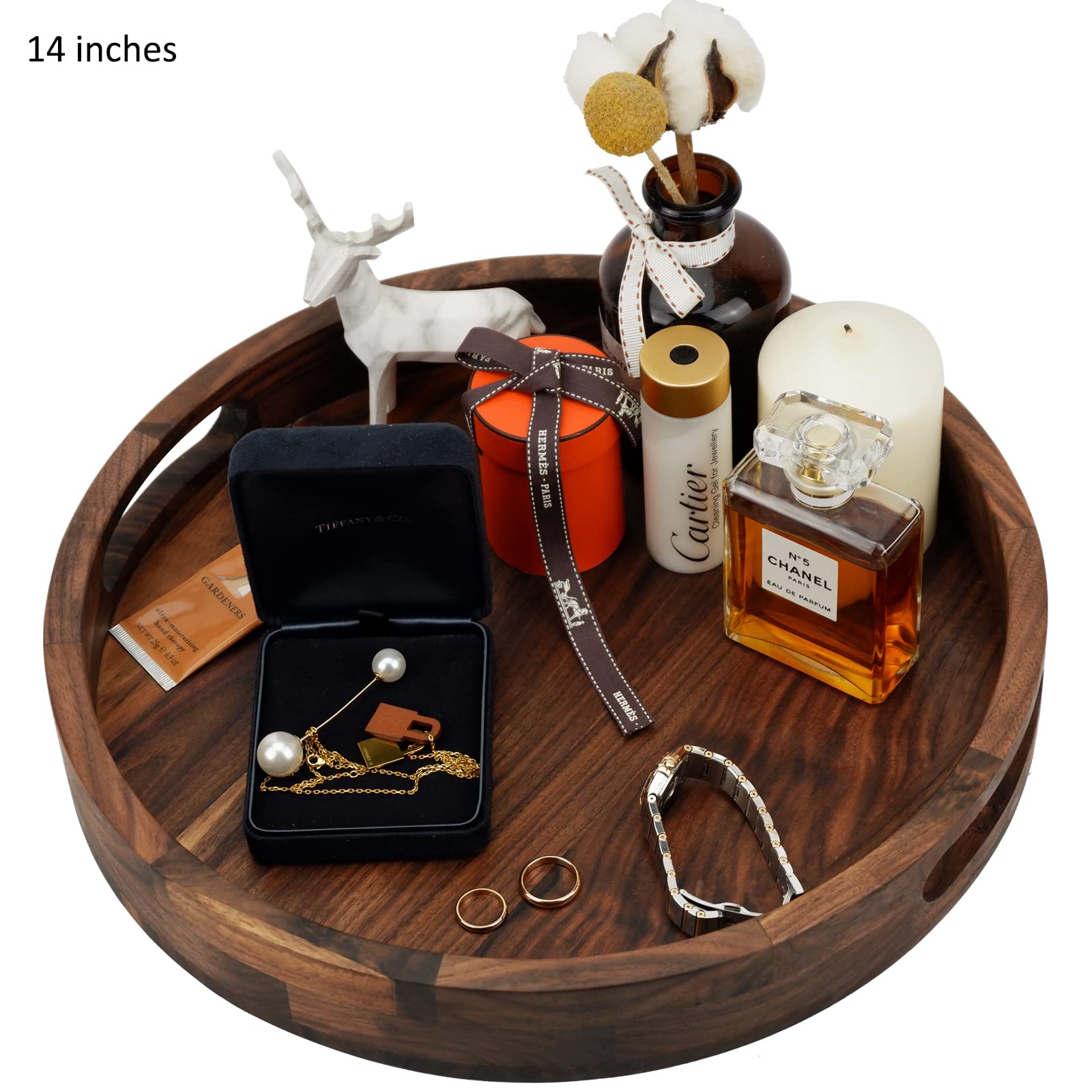MAGIGO Set of 2 Large Round Black Walnut Wood Ottoman Tray with Handles, Serve Tea, Coffee, Classic Wooden Circular Decorative Serving Tray, 14 &12 inches