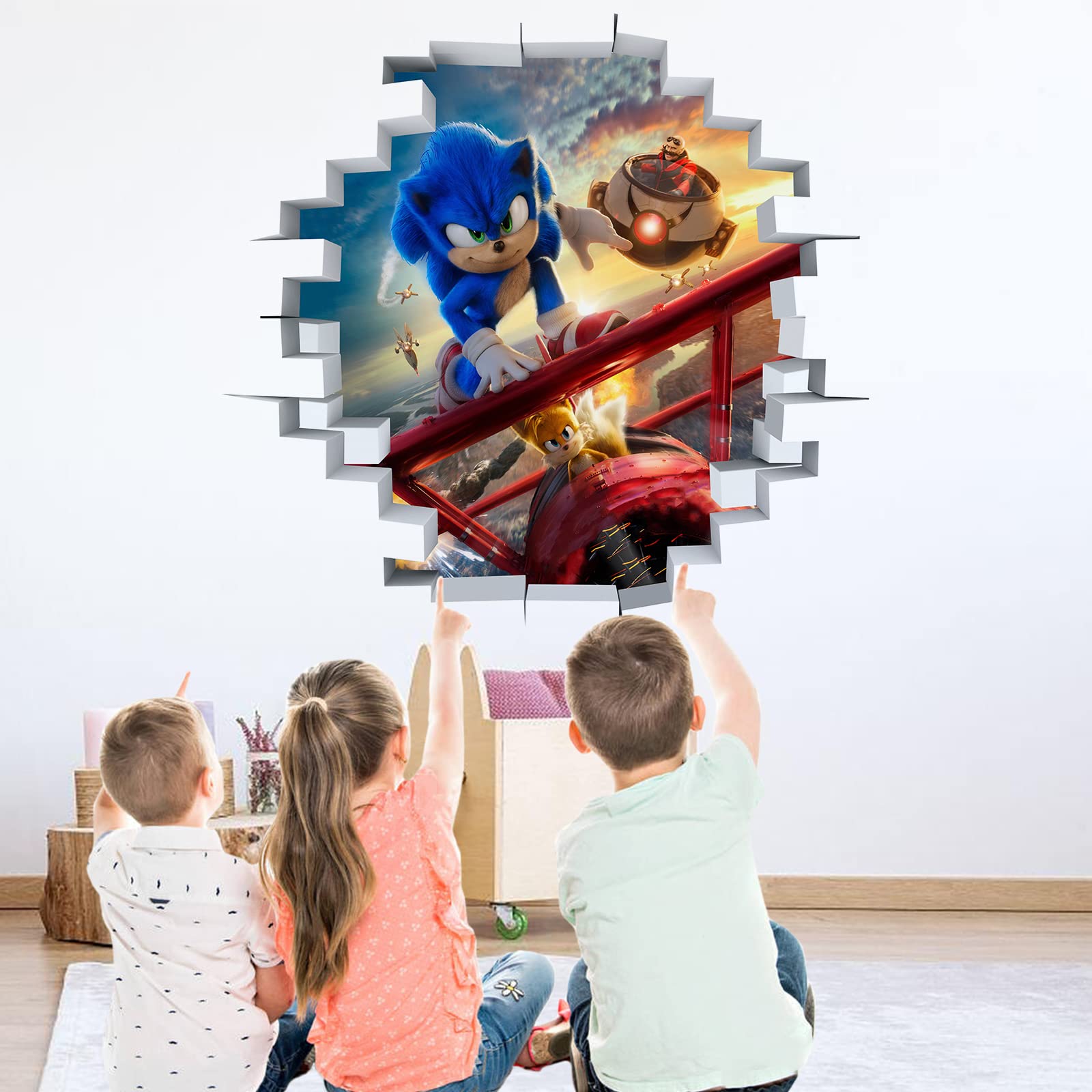Sonic Wall Decals,6D Smashed Custom Hedgehog Stickers,Kids Game Wall Art Room Wall Decor Boys Bedroom Poster Mural Wallpaper Removable Vinyl Wall Stickers Gift