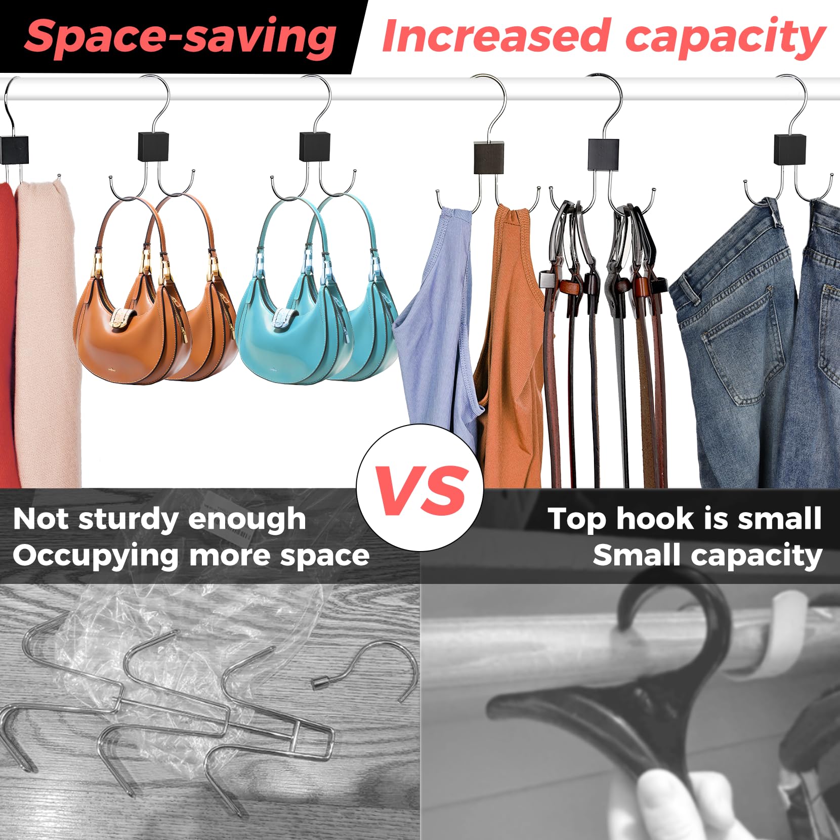 Purse Organizer for Closet, Purse Hanger 6 Pack 12 Purse Storage Hooks, 360° Rotatable Space Saving Closet Organizers and Storage for Purse, Handbag, Bag, Jeans, Belt, Scarf
