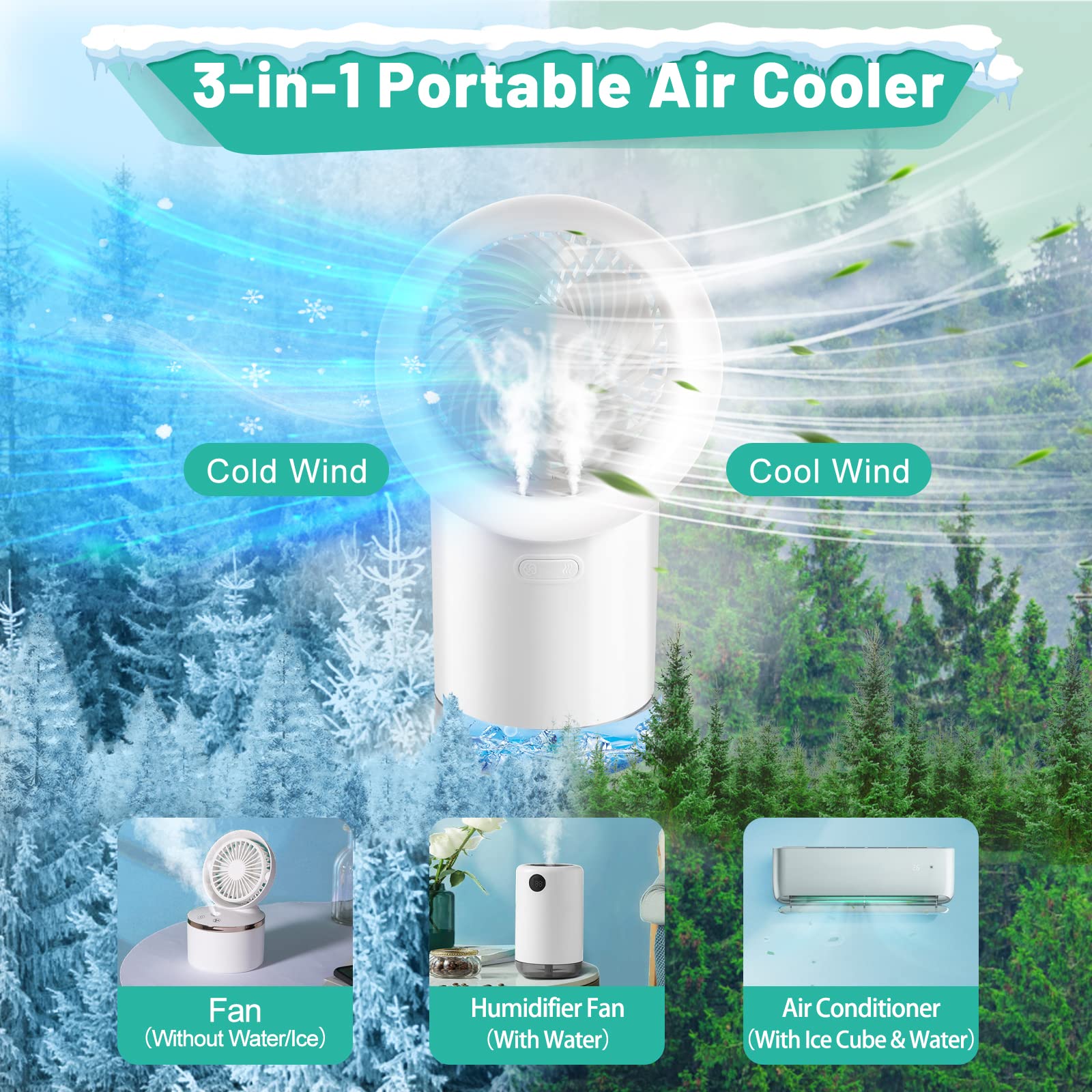 Portable Air Conditioners, Evaporative USB Rechargeable Personal Air Cooler, Cordless 3 in 1 Mini AC Desktop Spray Fan, Quiet 3 Speed Air Cooler Humidifier with Blue Night Light for Home / Camping / Desk
