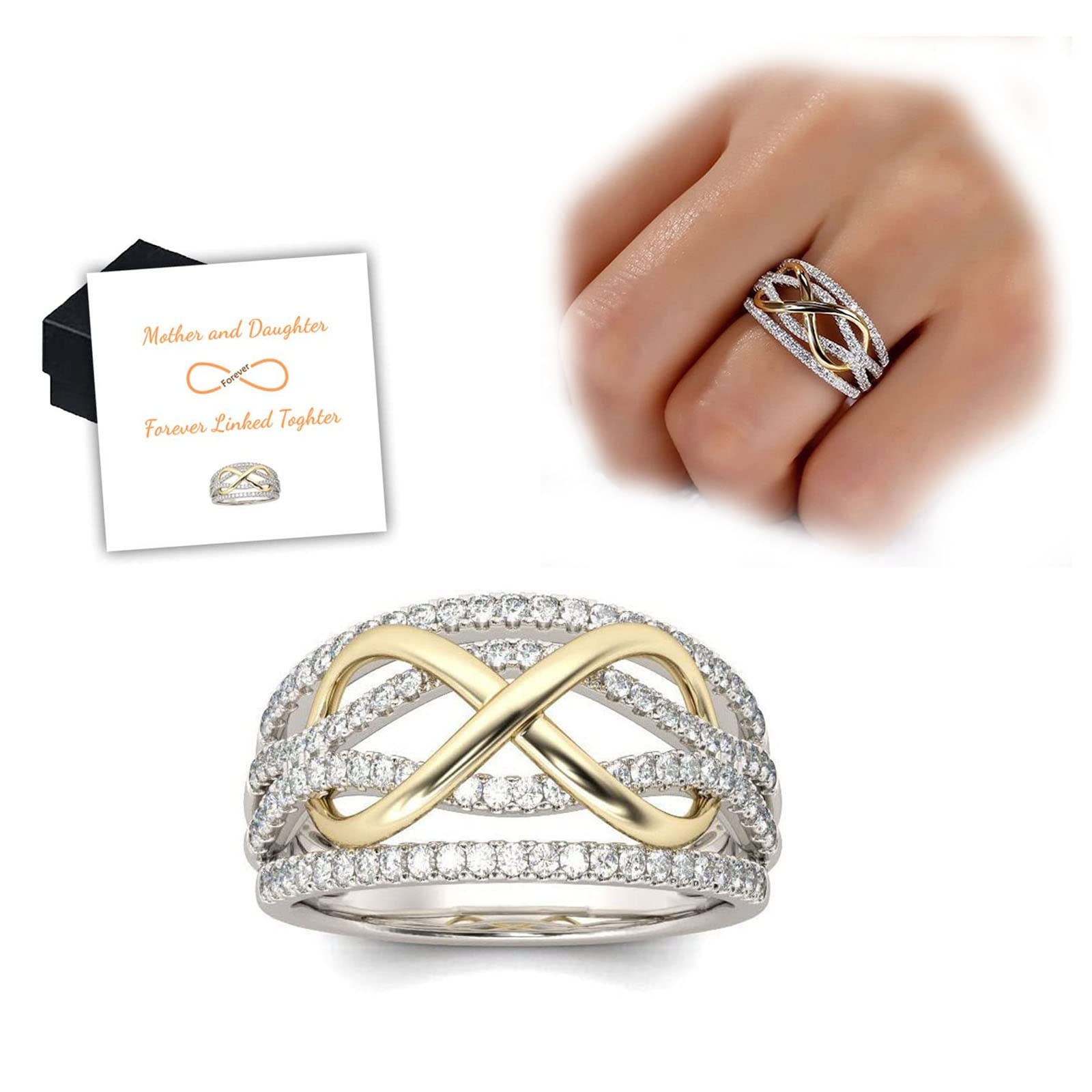 MQINM Mother & Daughter Forever Linked Together Ring, Personalized Inspirational Jewelry Infinity Ring, 925 Silver Zirconia Cross Winding Ring, Gift for Mother & Daughter (Size : 8)