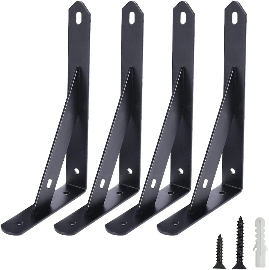 Shelf Brackets wall Shelves L Corner Brace Heavy Duty Shelf Brackets 12 inches x 8 inches with Screws 4 Pack Black Metal Shelf Brackets ,Shelf Support Angle Brackets for Shelves,L Brackets Heavy Duty