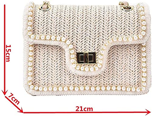 Purses and Handbags Solid Color Sturdy and Durable Lady's Straw Woven Bag Summer Hand-woven Straw Shoulder Bag (Color : White, Size : Small)