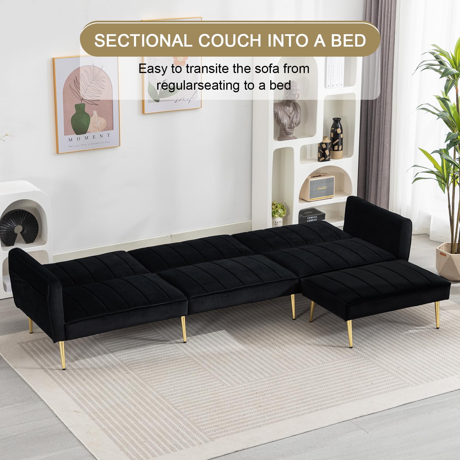 TTGIEET 105" Velvet Sofa Couch with Chaise, L Shape Futon Sofa Couch with USB, 4-Seat Sleeper Sofa Bed for Living Room (Black)