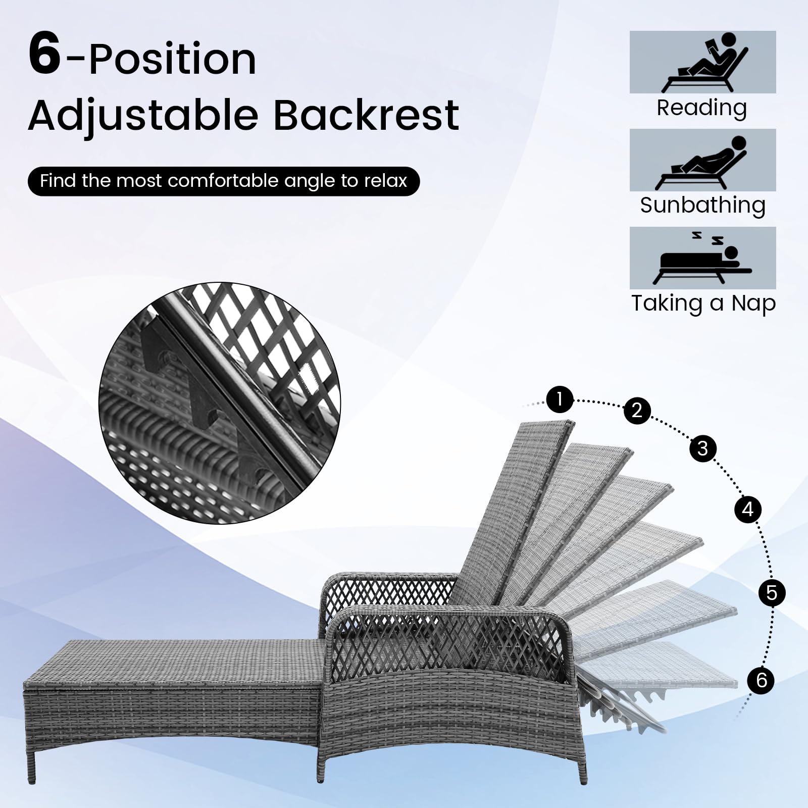 HAPPYGRILL 2PCS Patio Rattan Chaise Lounge, Outdoor PE Wicker Sun Lounger with Adjustable Backrest, Removable Cushion & Pillow, Reclining Chaise Lounge Sunbed for Balcony Poolside Yard