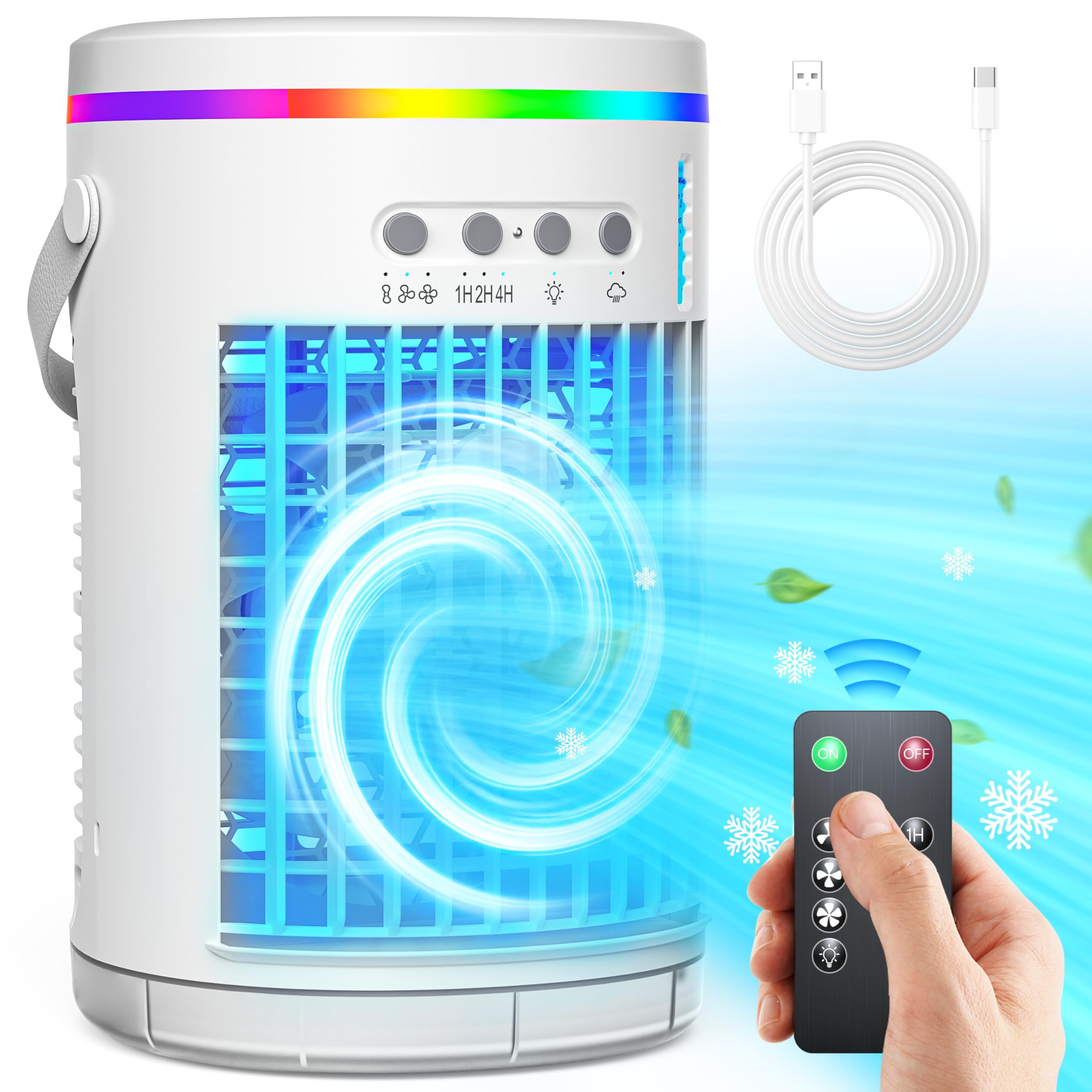 Portable Air Conditioners with Remote,1400ml Evaporative Cooler 3 Speeds,USB Personal Conditioner 7 LED Light,Portable AC for Room Kitchen Office Desk Bedroom Camping
