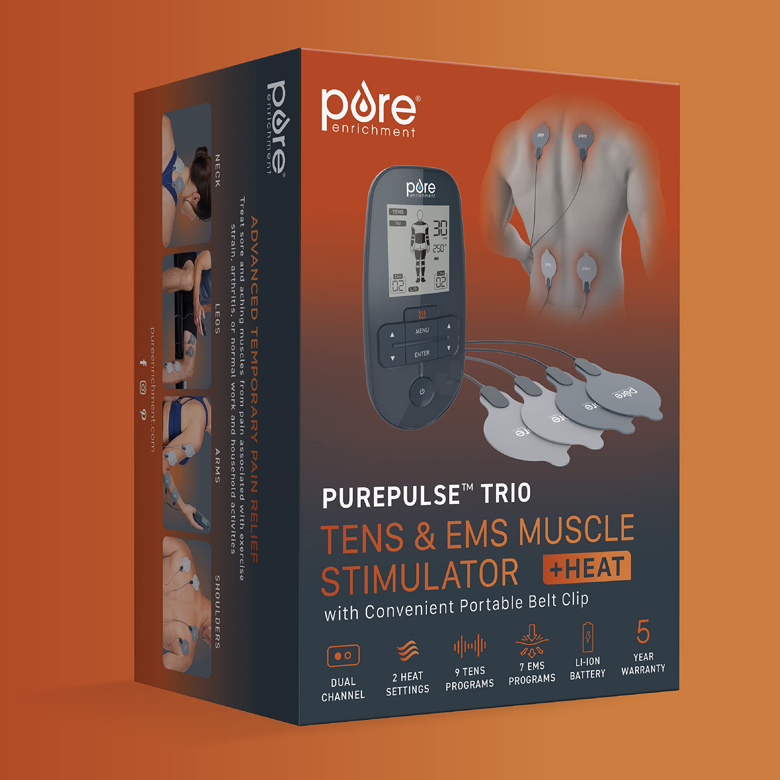 Pure Enrichment® PurePulse™ Trio TENS & EMS Muscle Stimulator + Heat - Electronic Pulse Massager with 9 TENS Modes, 7 EMS Modes, 2 Heat Settings, Advanced Relief for Back, Neck, and Shoulder Pain