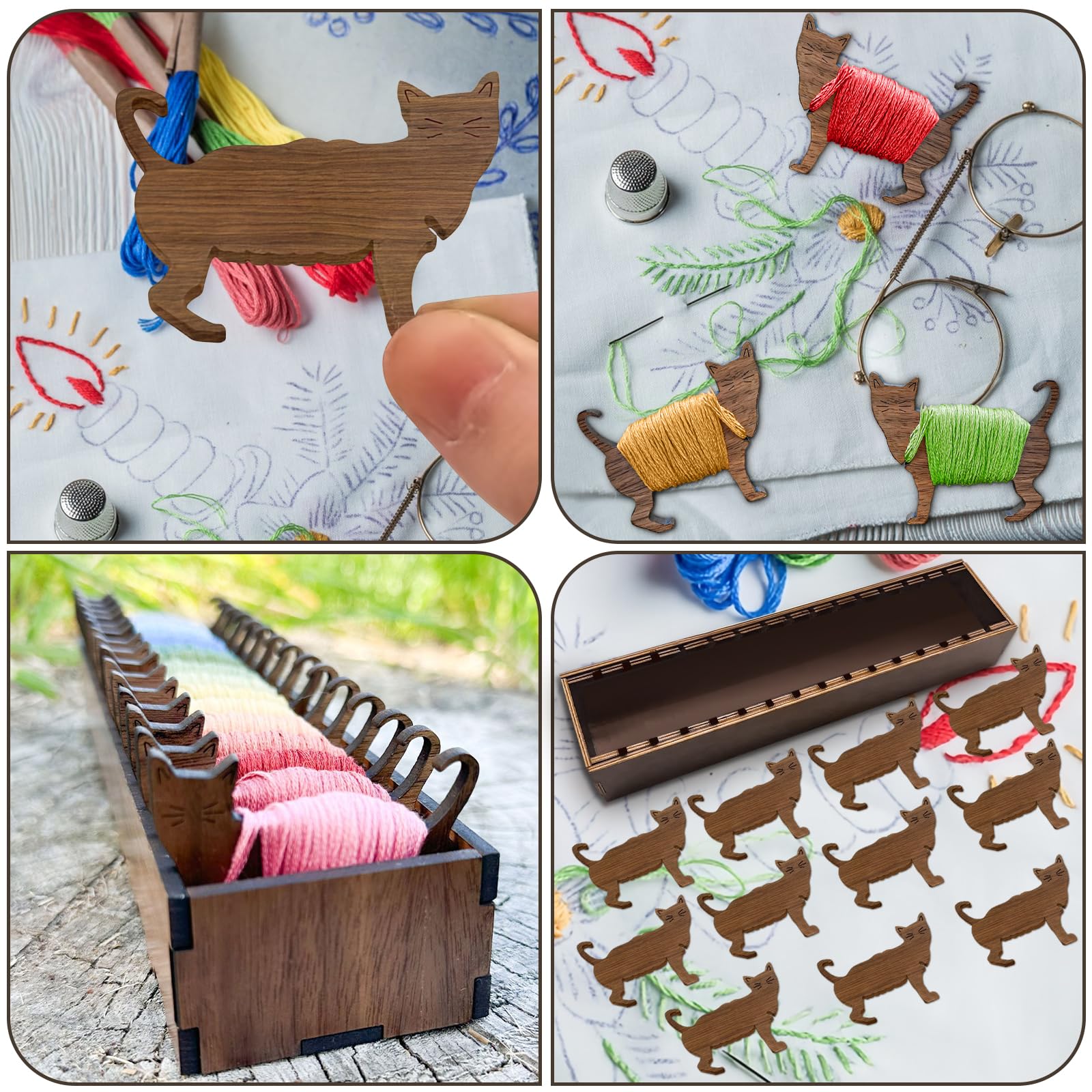Wooden Animal Bobbin Set,Wooden Sewing Storage Set,15 Wooden Cat Shape Spools Set,Bobbin Organizer,Embroidery Floss Bobbins Organizer Box,Sewing Tool,Sewing Storage