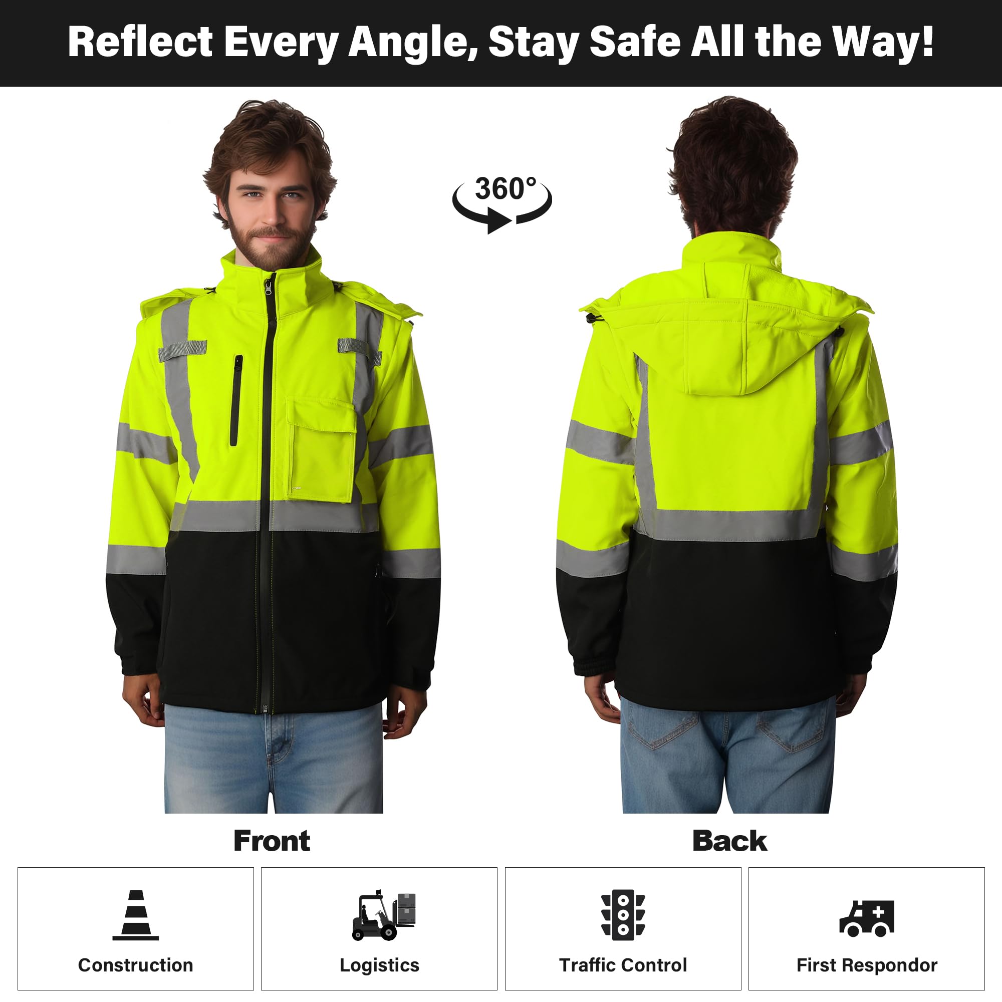 SHORFUNE High Visibility Softshell Waterproof Safety Jacket for Women, Class 3 Reflective Work Jackets with Pockets, Detachable Hood and Sleeves &Black Bottom, L, Yellow
