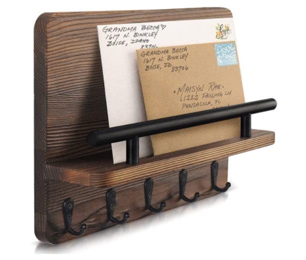 Rustic Wooden Shelf for Key Storage, Decorative Key Hanging Rack with 4 Double Hooks, Easy Install Natural Wooden Key and Mail Holder for Wall Mount – Entryway Decor