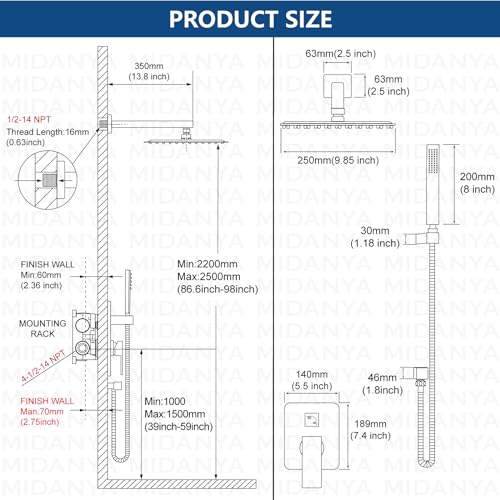 Midanya Oil Rubbed Bronze Bathroom Shower System Wall Mount Shower Faucet Set 10 Inch Square Rainfall Shower Head High Pressure Shower Fixture with Handheld Sprayer Rough-in Valve and Trim Included