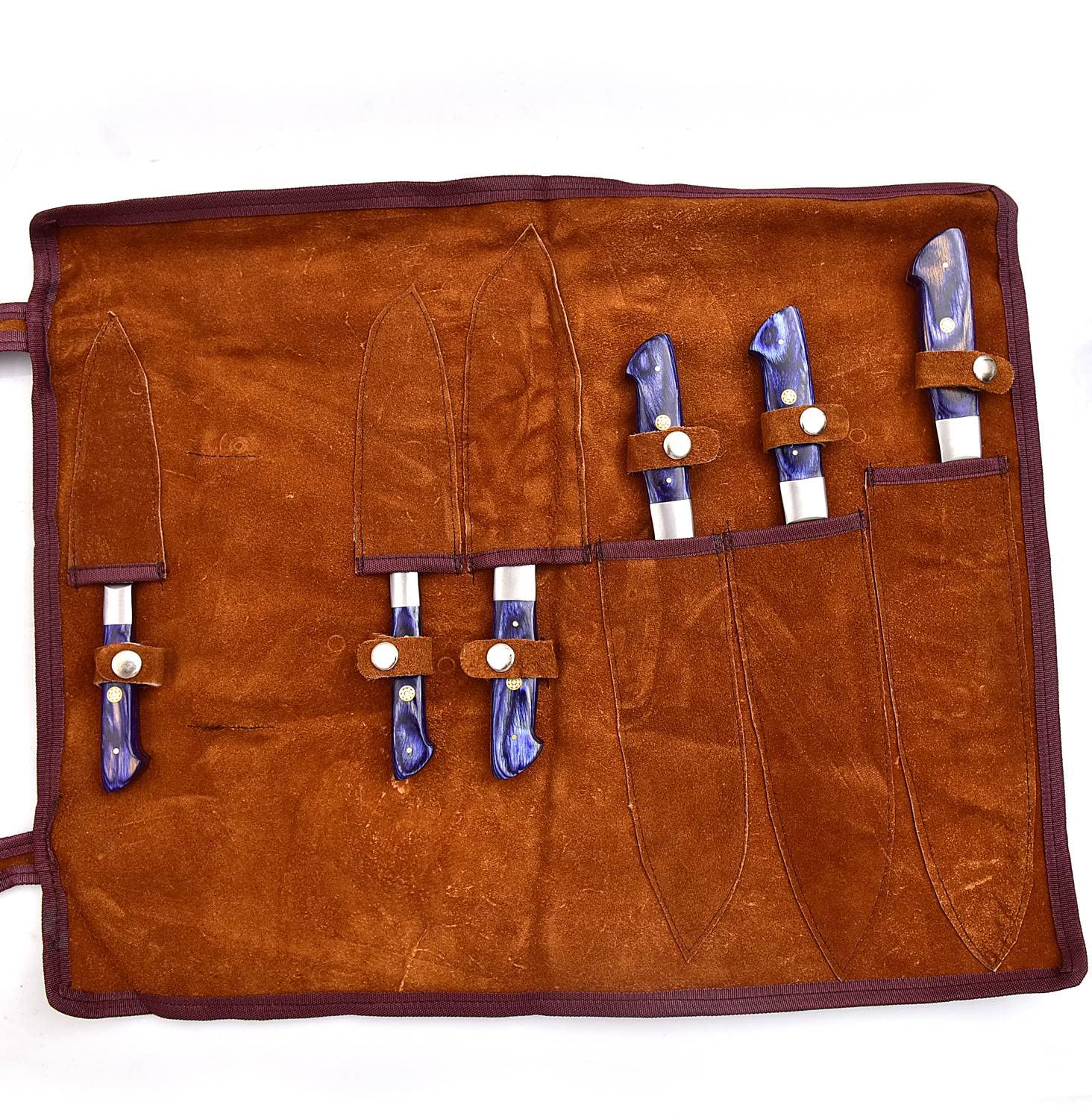 Randy Custom Handmade Damascus Kitchen Knife Set- Steel Blade Chef Knives Sets With Leather Roll Case Bag-6pc Professional Chef's Butcher, BBQ set Purple Wood, (1071 purple)