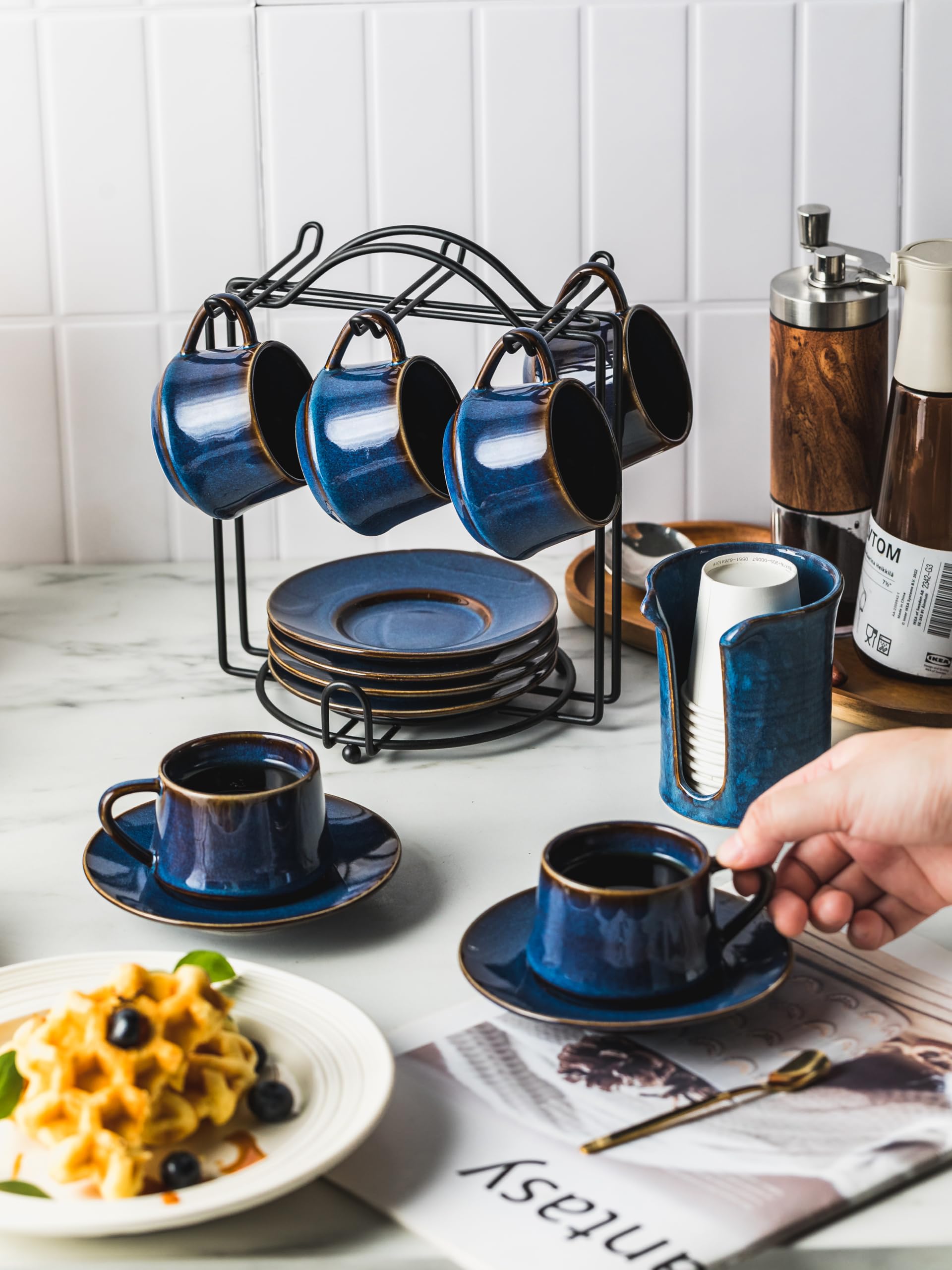 YHOSSEUN Espresso Cups Set of 6, 4 OZ Expresso Shots Cup Small Coffee Cup with Sacuers Metal Stand, Ceramic Espresso Cups for Cappuccino, Latte, Cafe Mocha and Tea, Blue