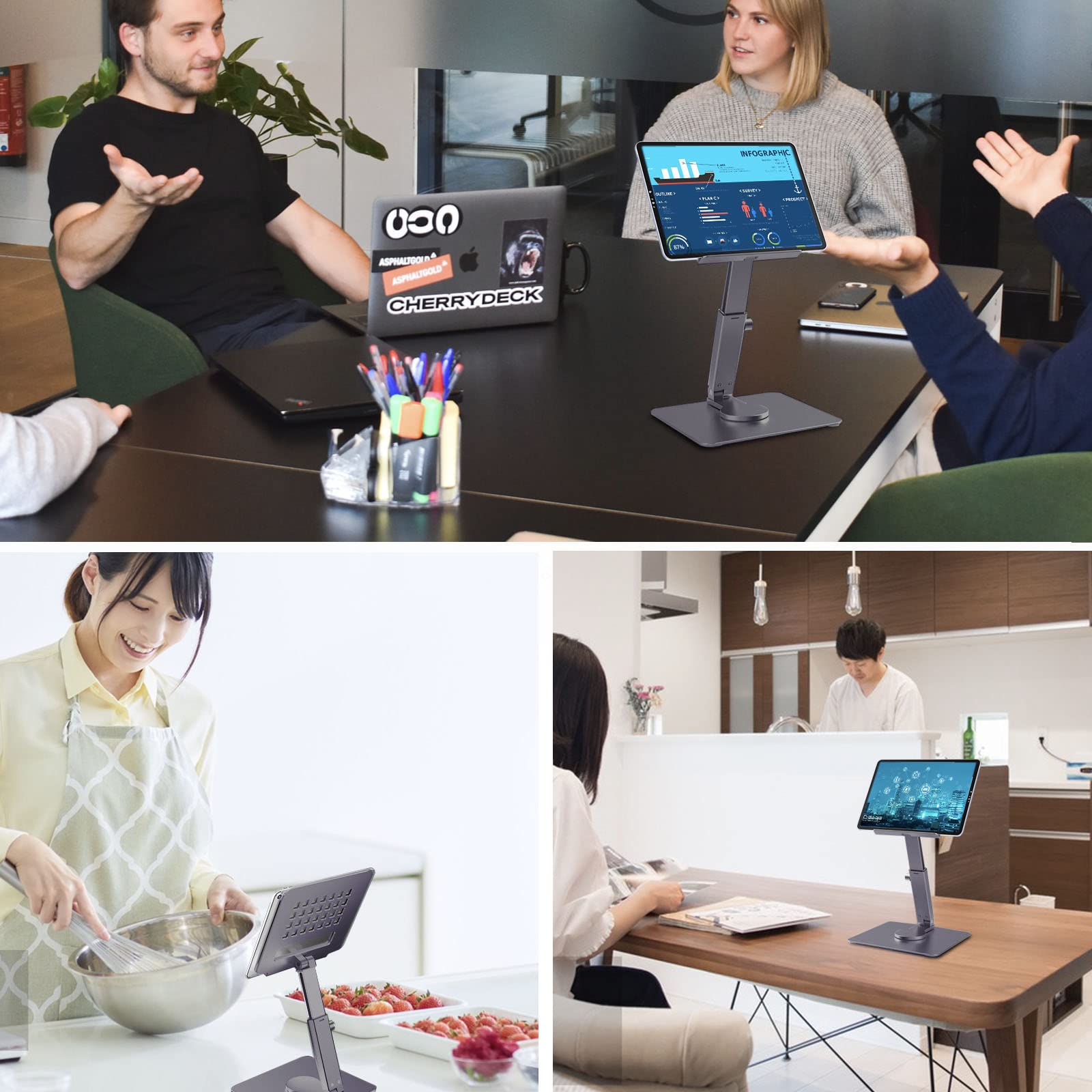 RAYONE Tablet Stand for Desk, Height Adjustable Aluminum iPad Stand Holder, Foldable 360° Swivel Desktop Tablet Stand Holder Dock for 4" - 13" Tablet（Dark Grey）