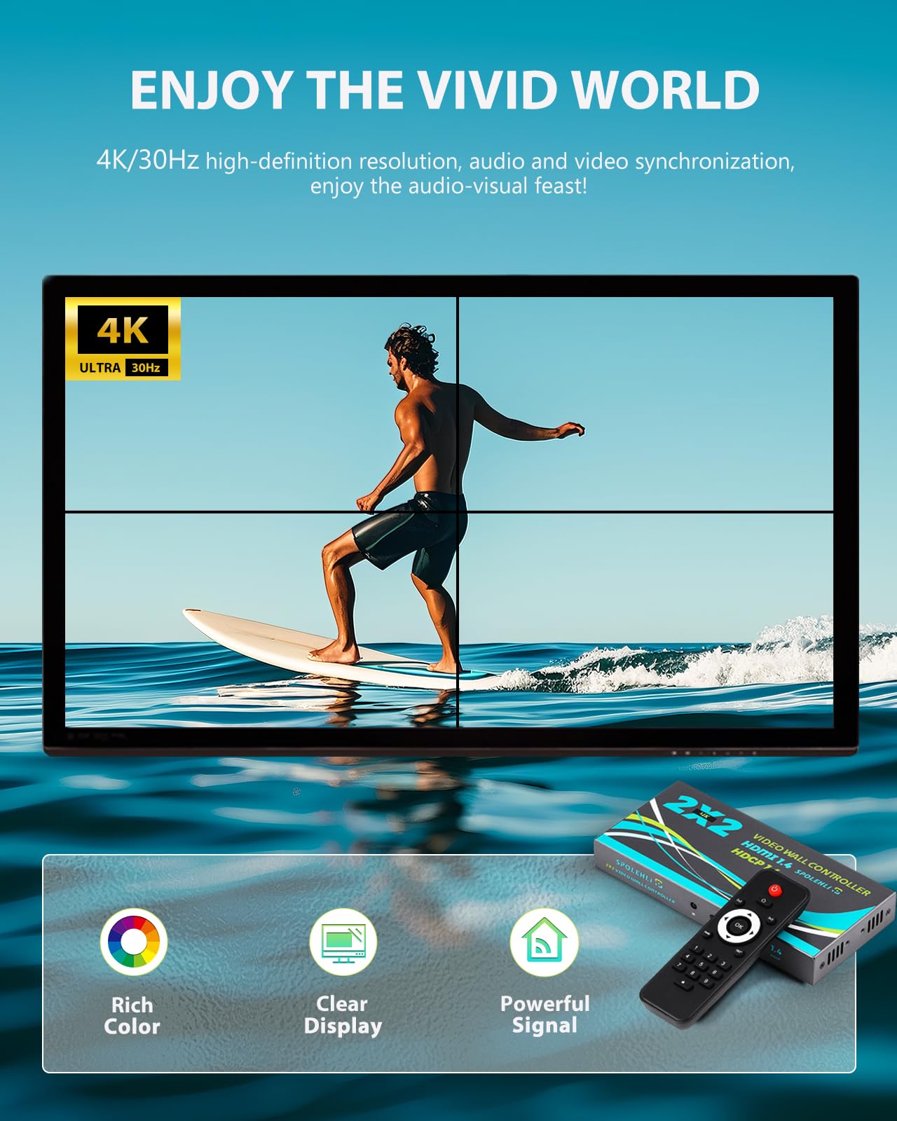 Spolehli 4K UHD Video Wall Controller 2x2, Video Wall Processor with 8 Splicing Modes Display @60hz, 180 Degree Rotate, Multi-Screen Splicing TV Wall Controller 1x2, 1x3, 1x4, 2x1, 3x1, 4x1