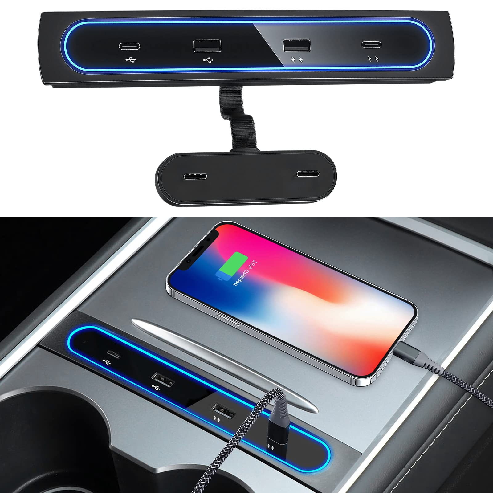 OEC-T5 Tesla USB Hub Car USB Charger 4 in 1 Center Consoles with PD Fast Charge Port and Blue Automatic LED Ambient Light Fit for 2021 2022 Tesla Model Y Model 3