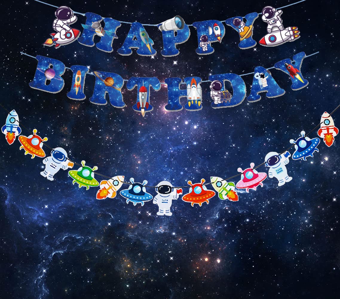 Outer Space Birthday Party Decorations Outer Space Happy Birthday Banner with Outer Spaceship Bunting Garland for Kids Boy Galaxy Planet Universe Outer Space Theme Party Decorations Supplies