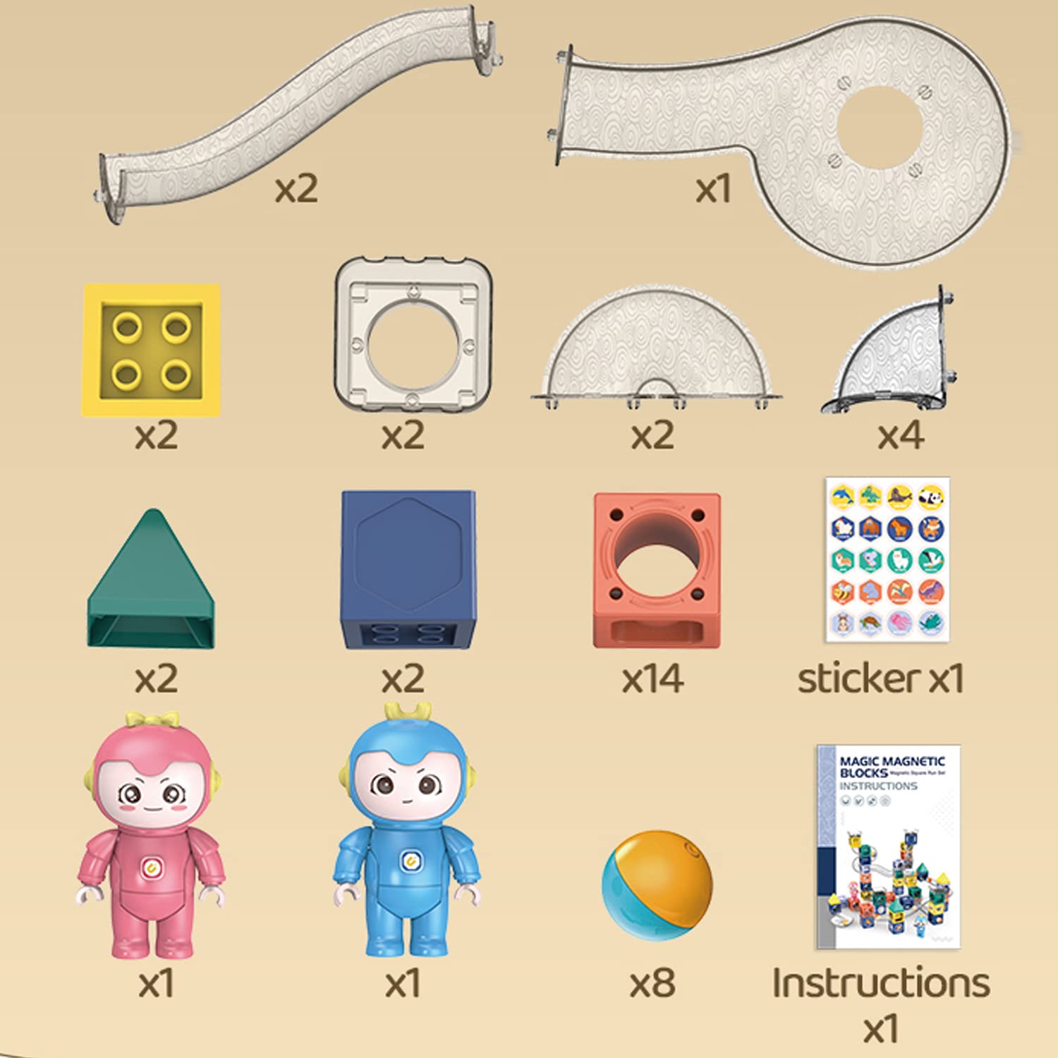 Qizfun Marble Run Magnetic Stacking Blocks, STEM Magnet Building Toy Set Includes 2 Cute Dolls for Imaginative Play, Preschool Education Toy for 3-7 Year Old Boys & Girls (Classic Edition/52 Pcs)