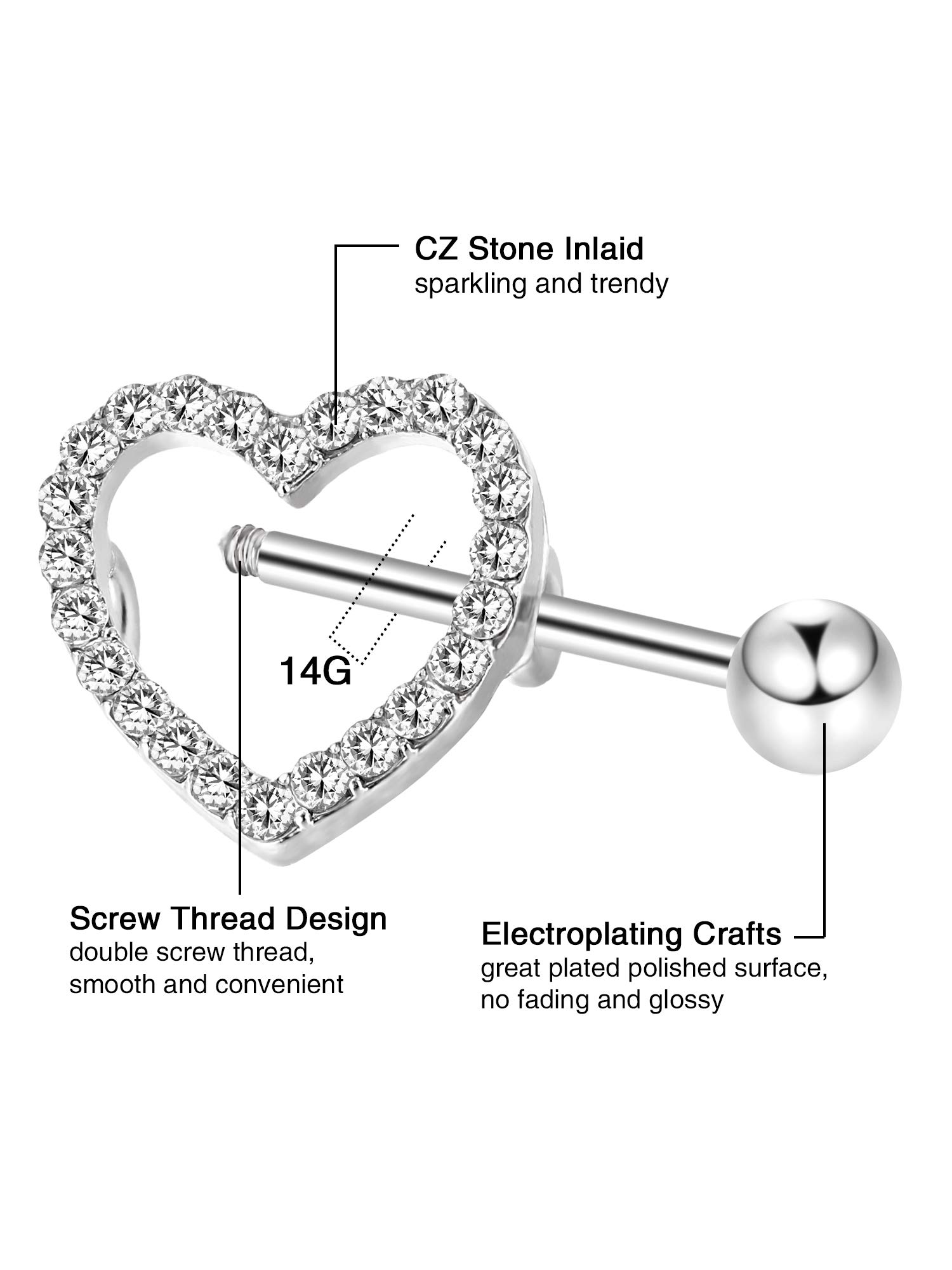JOVITEC 2 Pairs Stainless Steel Nipple Ring CZ Barbell Rhinestone Nipple Studs for Nipple Tougue Body Piercing, 14 G (Silver)