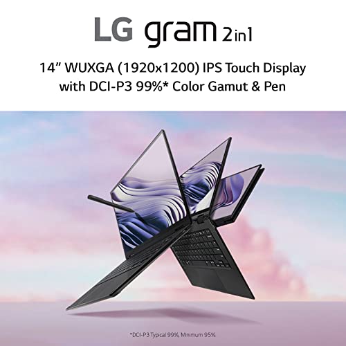 LG Gram (2022) 14T90Q 2-in-1 Tablet Laptop, 14" (1920 x 1200) IPS Display, Intel Evo 12th Gen i7 1260P Processor, 8GB LPDDR5, 512GB NVMe SSD, HD Webcam, WiFi 6E, Thunderbolt 4, Windows 11, Black