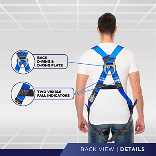 Palmer Safety Full Body Construction Harness with 5 Point Adjustment, 1D-Ring, Grommet Legs, and Fall Indicators I OSHA ANSI Roofing Tool Personal Equipment (Blue - Universal) 1D - Universal