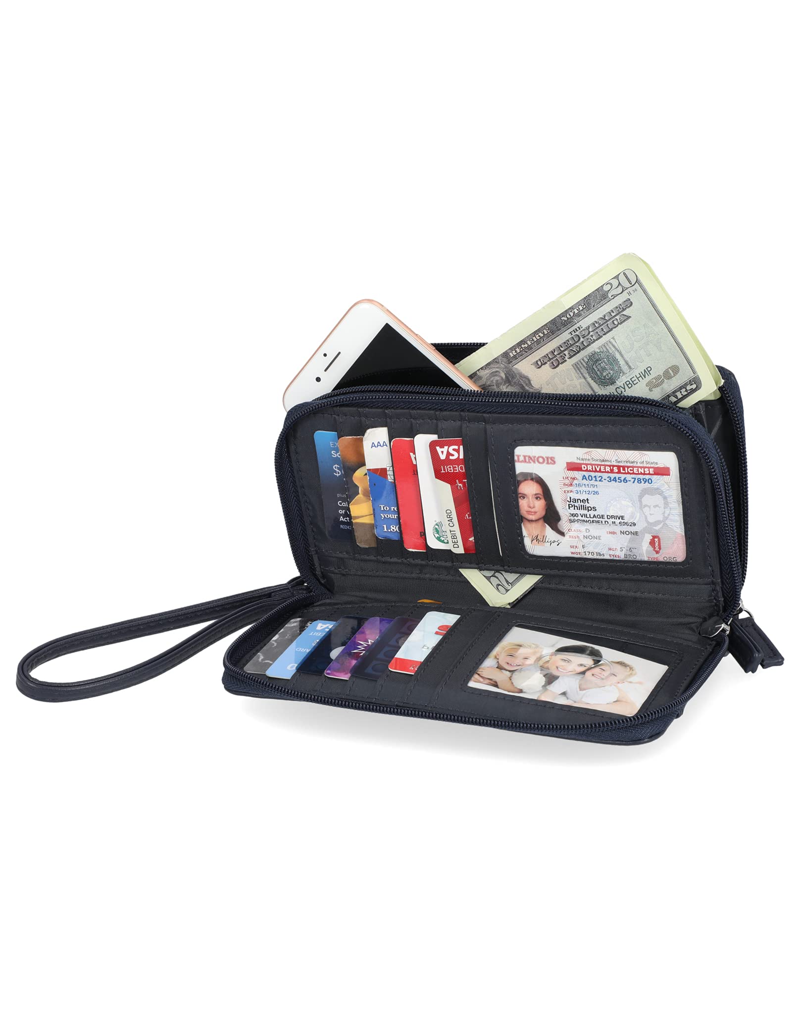 Nautica On The Double Zip Around Vegan Leather Womens RFID Clutch Wallet With Wristlet Strap (Indigo)