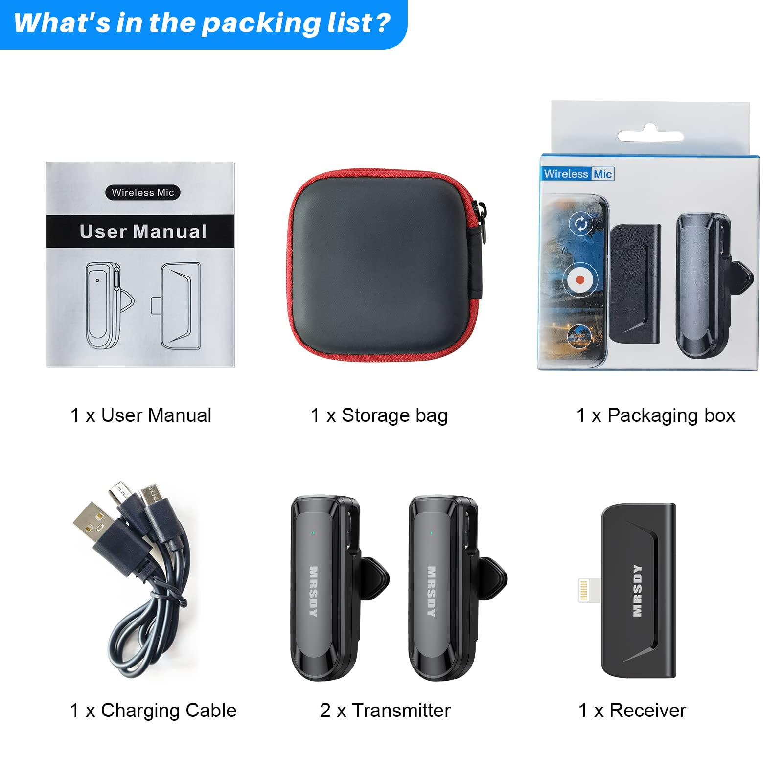 MRSDY 2 Pack Wireless Lavalier Microphone for iPhone iPad, Plug and Play Wireless Lapel Mini Mic with Noise Reduction, for Recording, Streaming, Interview, Video, Podcast, Vlog