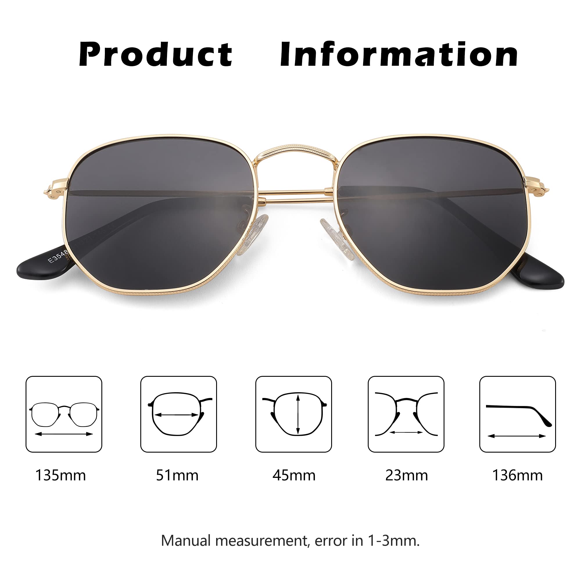Pro Acme Polarized Hexagon Sunglasses for Women Men Polygon Sunnies Square Metal Frame(Gold/Grey)