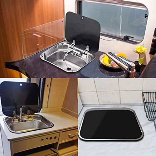 RV Sink Kitchen Bar Sink RV Stainless Steel Hand Wash Basin Sink with Folded Faucet Tempered Glass Lid Washbasin for Camper, Trailer, Caravan, RV, Home, Cafe, Bar, Boat