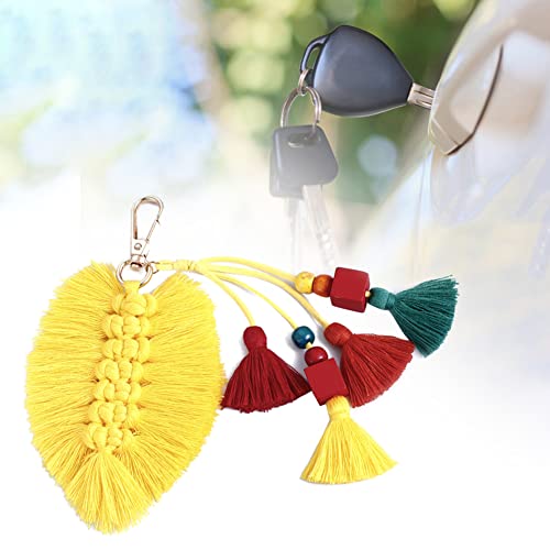 MoreChioce Car Keychain, Wooden Bead Key Chain Cute Cotton Thread Tree Leaves Key Ring Pendant Handbag Bag Decoration Accessories,Yellow