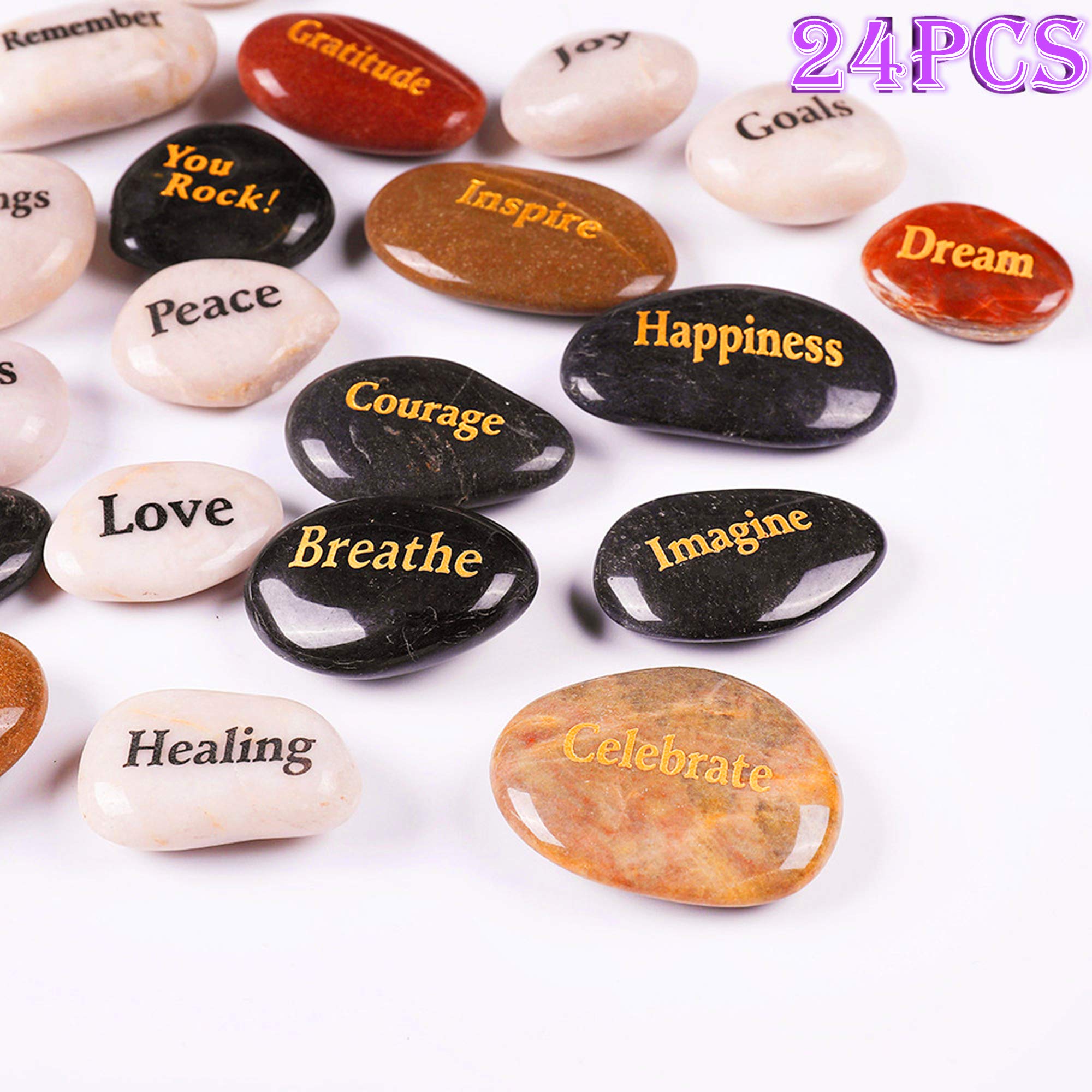 ROCKIMPACT 24pcs Inspirational Faith Stones Engraved Natural River Rocks Healing Stone Different Words (Bulk lot, Set of 24, 2β-3β Each)
