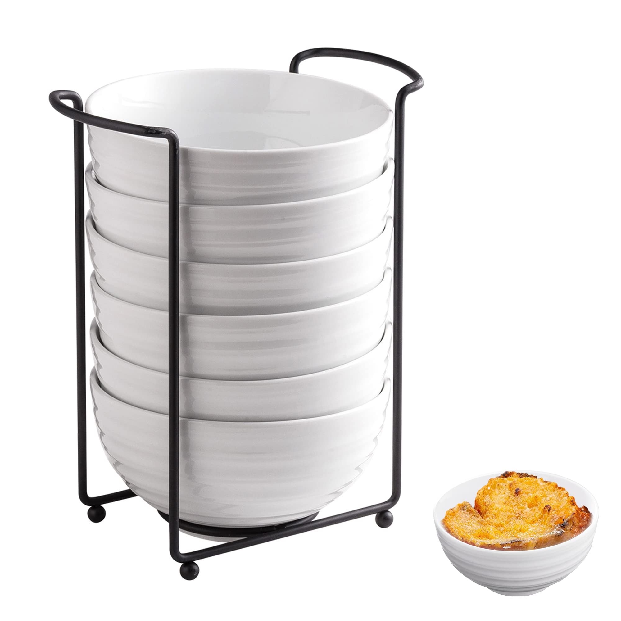 LAUCHUH Stackabel Bowl Set Porcelain Soup Bowls 28 Ounces Cereal Bowl Set with Serving Stand Large Bowl Porcelain Cereal Soup Salad with Bowl Organizer, 6 pack