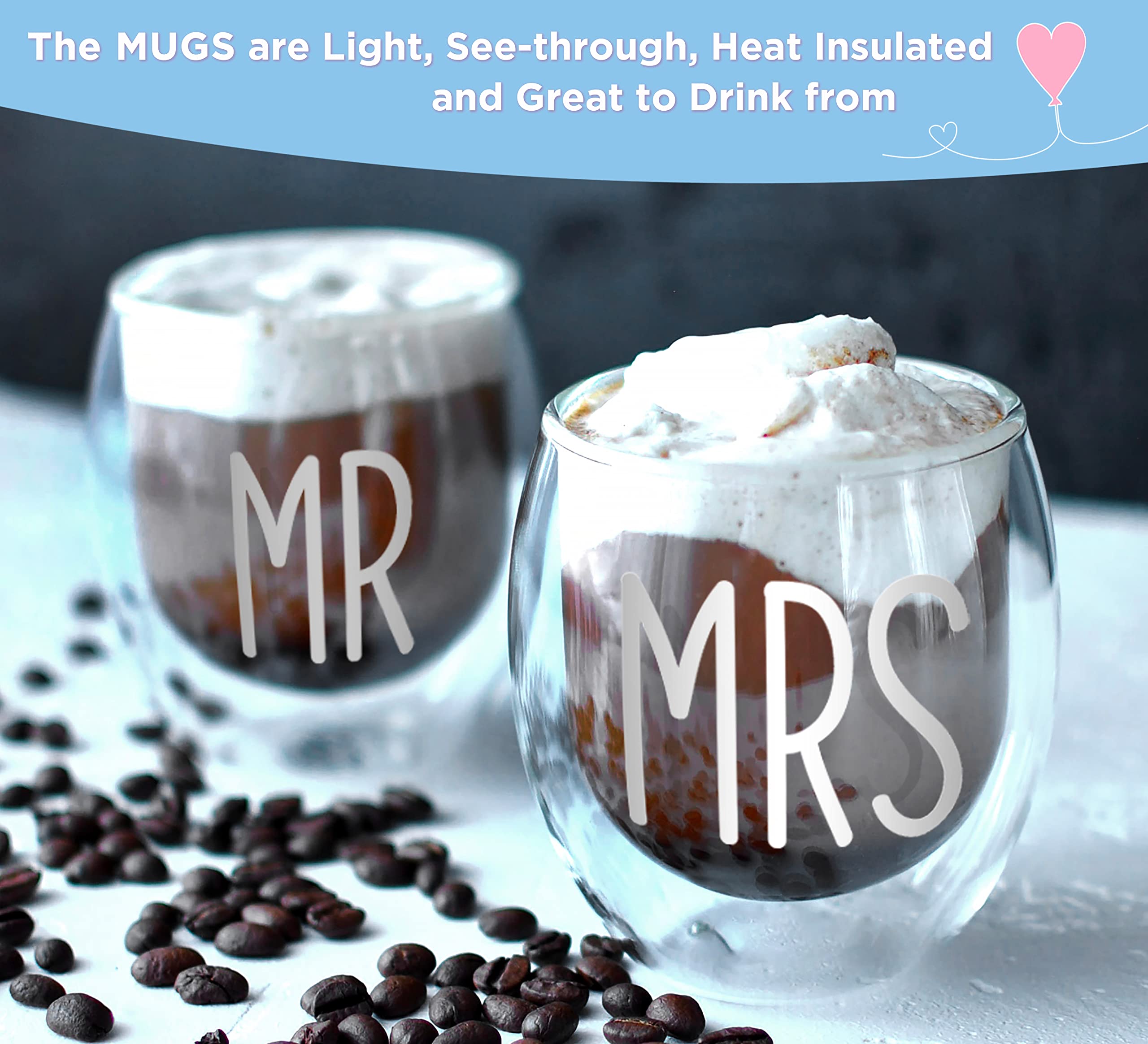 MM Creations - MR and MRS GIFT BOX: Clear & Heat insulated Coffee Mugs Set of 2, 9 Oz| in a Ready to Offer Stylish and shockproof Packaging