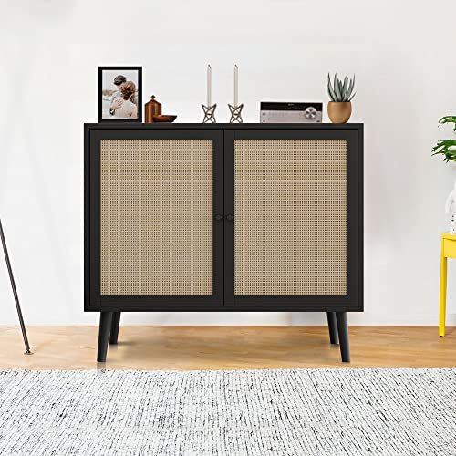 wirrytor 2 Sets of Storage Cabinet with Handmade Rattan Decorated Doors, Rattan Sideboard Buffet Cabinet with Storage for Living Room, Dining Room, Entryway, Kitchen, Black