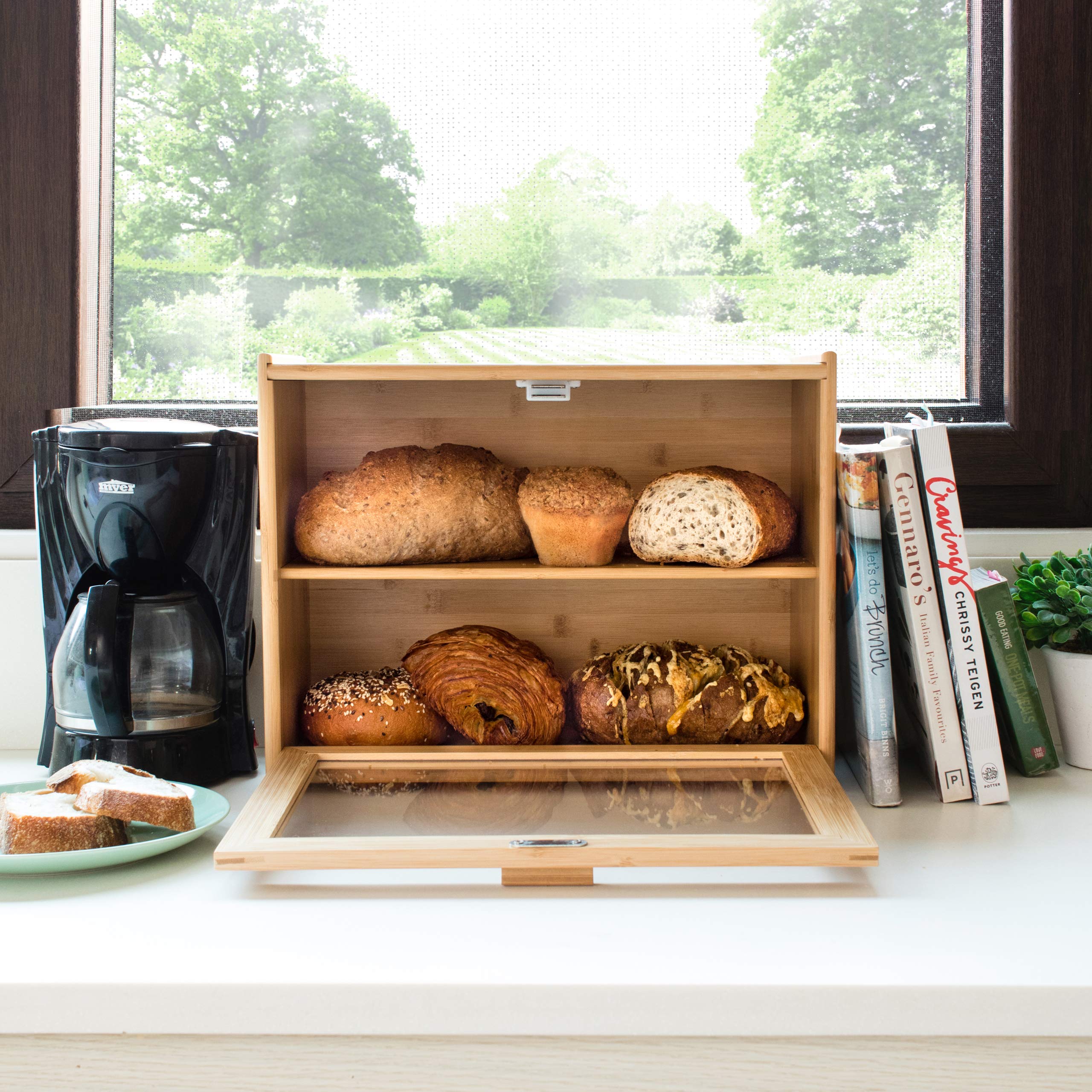 Laura's Green Kitchen Large Bread Box with Clear Front Window - Bamboo Wood - Farmhouse Style - Double Layer Storage Bin Holds 2 Loaves - Fully Assembled