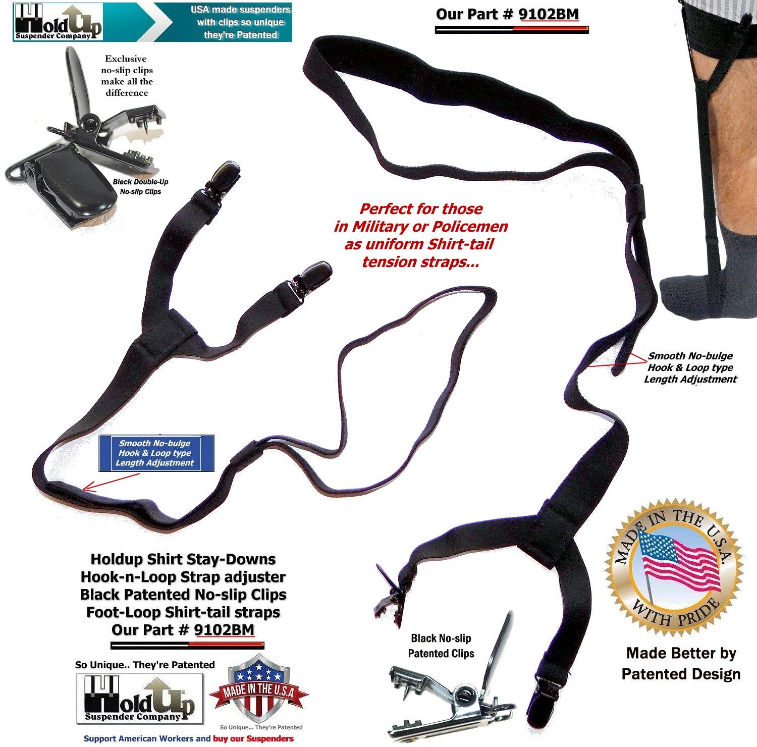 Hold-Ups Stay-downs Dress Shirt Stays Y-Style Metal with USA Patented No-slip Clips
